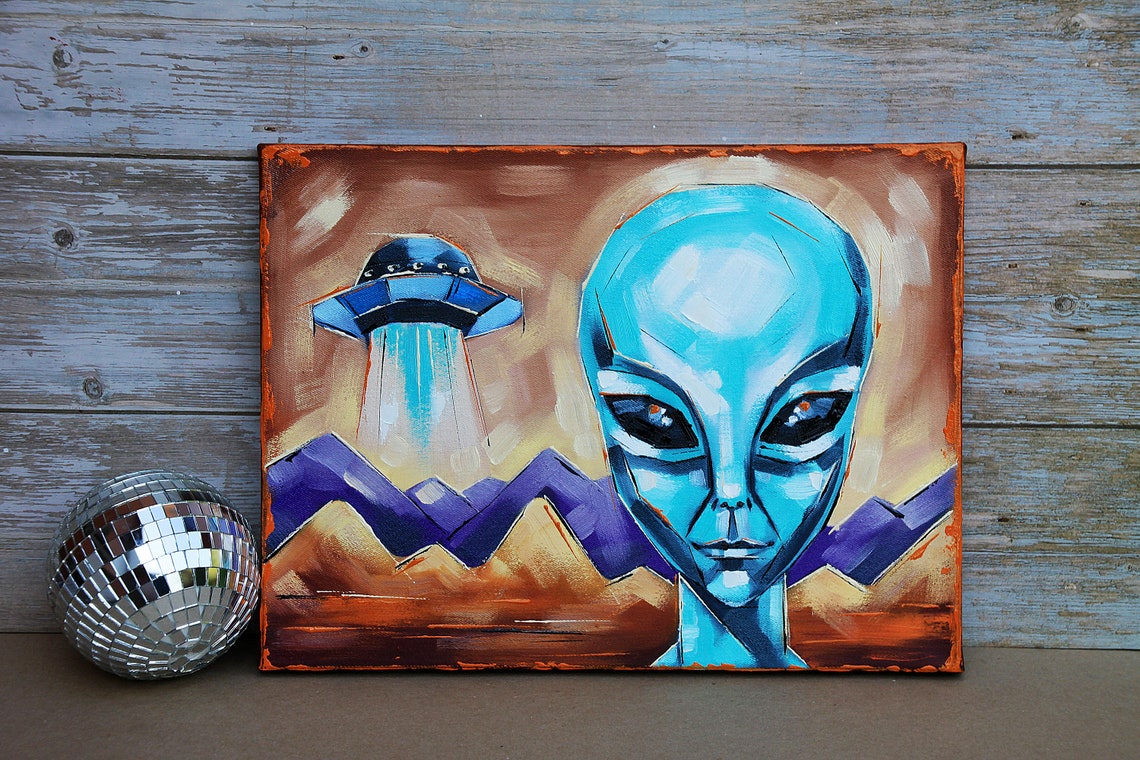Alien Painting Space Original Art Alien Artwork UFO Art | Etsy