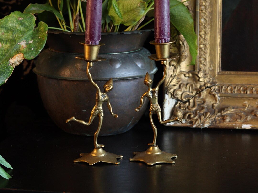 Whimsical Dancing Pixie Brass Candlestick Holders Pair | Vintage Unique ...