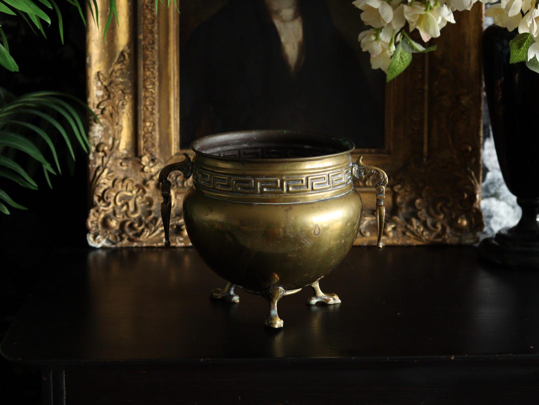 Antique Brass Cauldron Planter Greek Key Meander Motif Design Tripod ...
