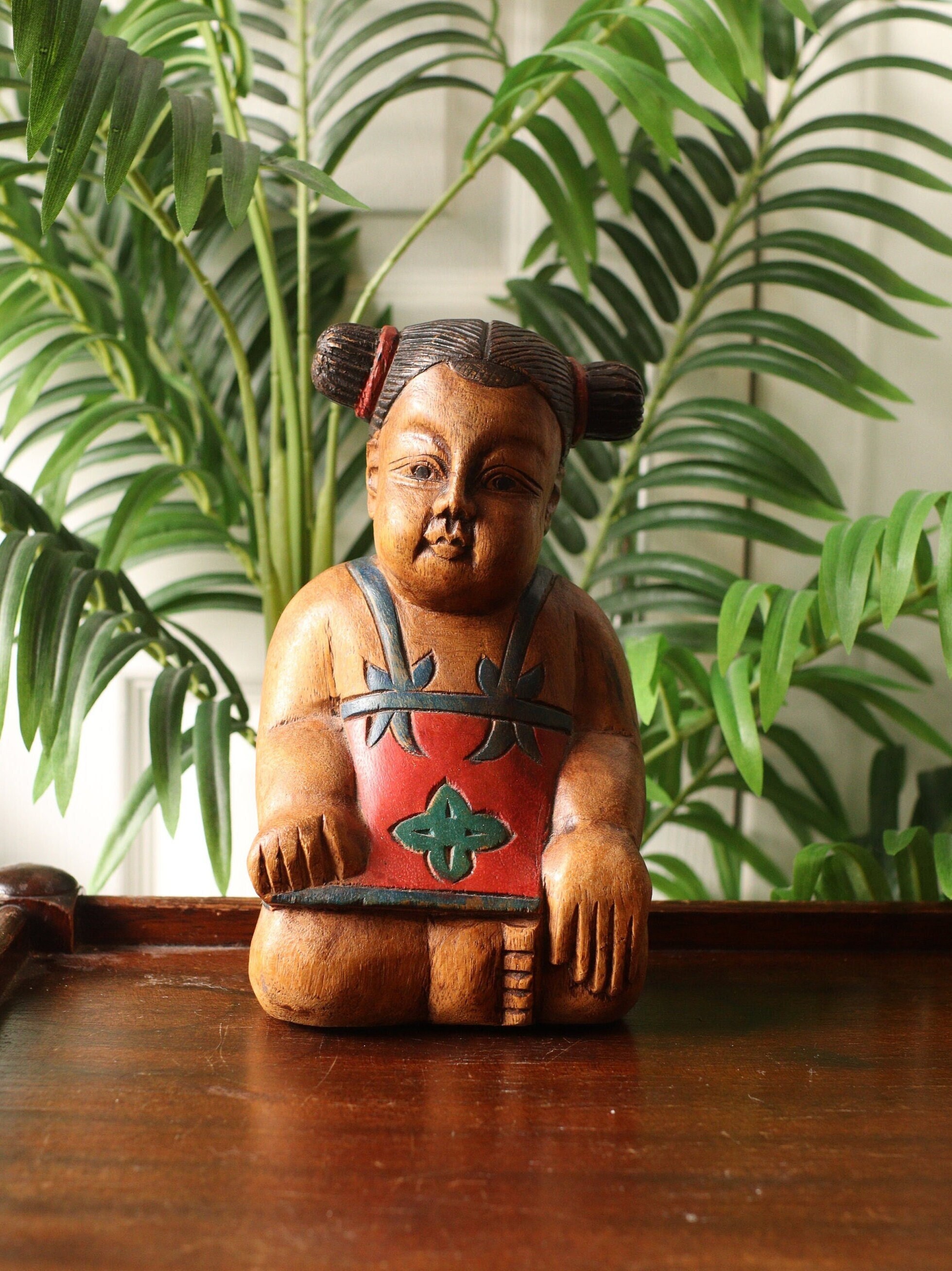 Hand Carved Wooden Folk Art Girl With Odango Hair Ornament - Etsy