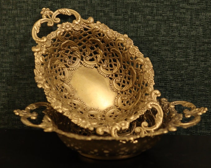 Pair of Ornate Italian Filigree Oval Brass Basket Bowls With Handles ...