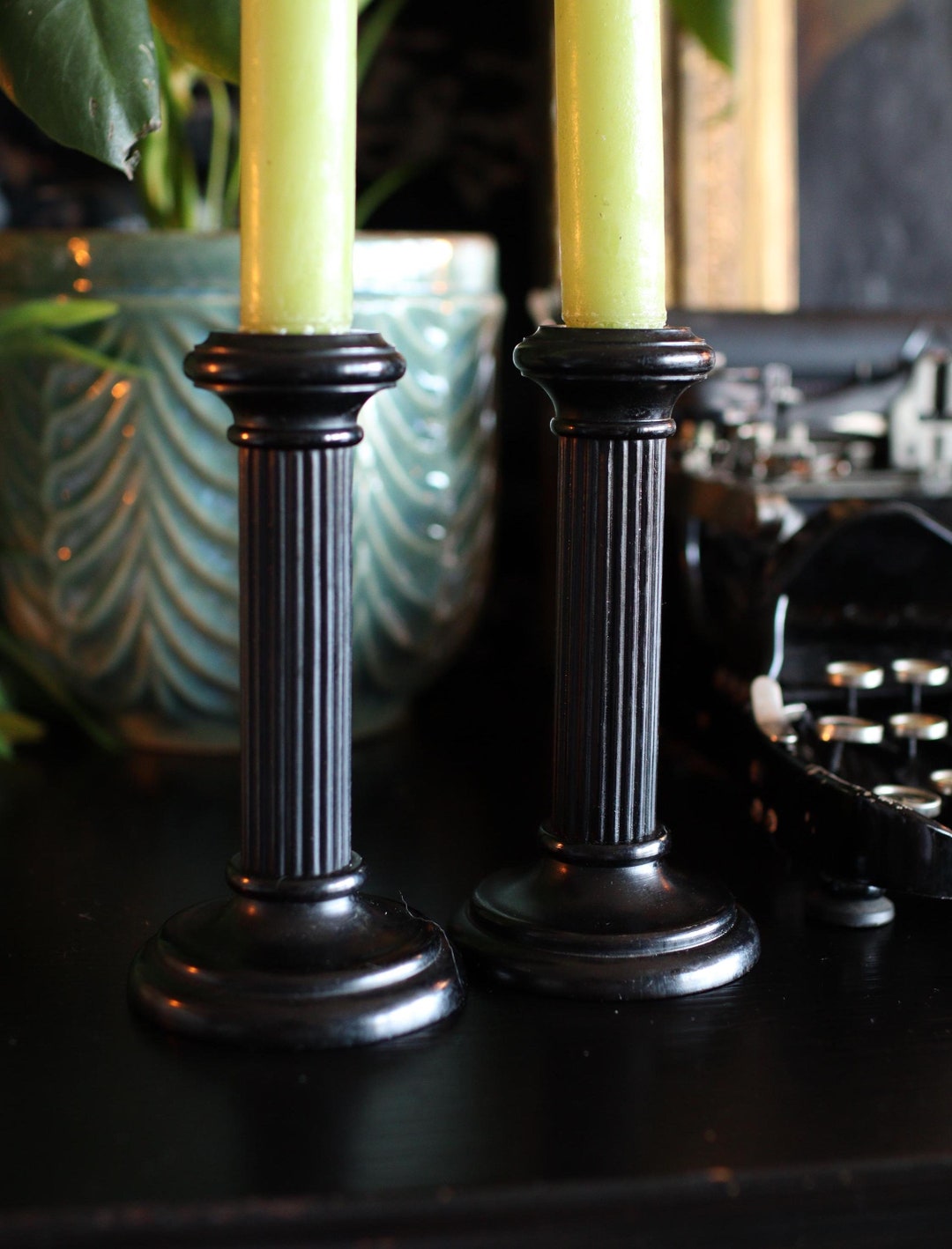 Antique Pair of Black Fluted Column Wooden Candlestick Holders Made ...