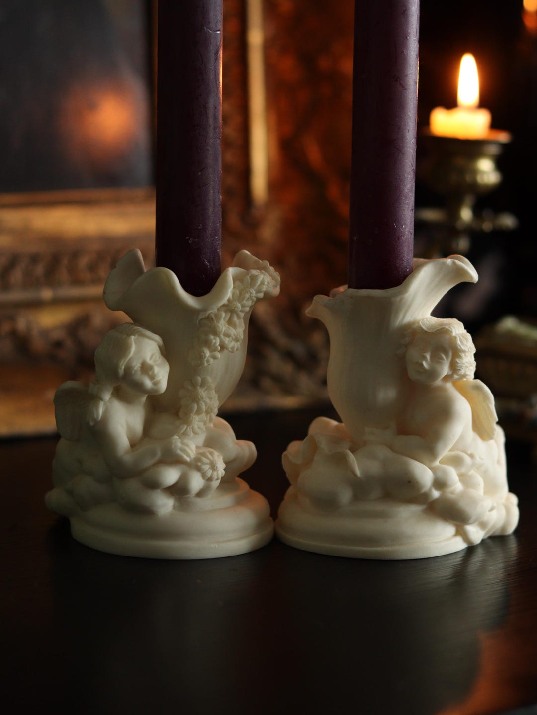 Vintage Italian Alabaster Cherub & Floral Pair of Candlesticks | Cream ...