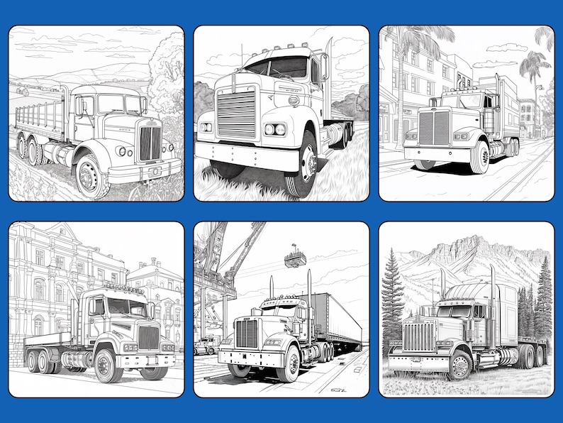 30 Big Rig Trucks Printable Coloring Pages - Instant Download 8.5" X 8. ...