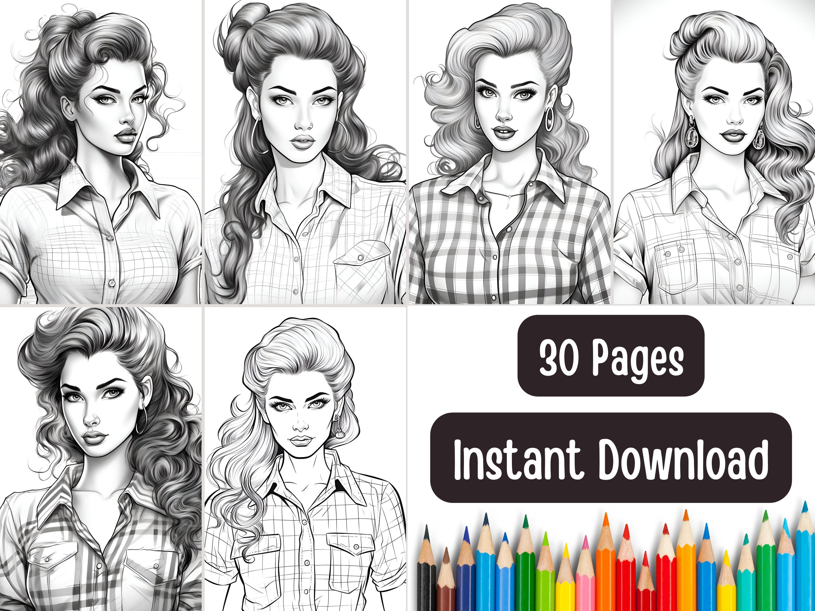 30 Printable Coloring Pages Beautiful Ladies in Checkered Shirts ...