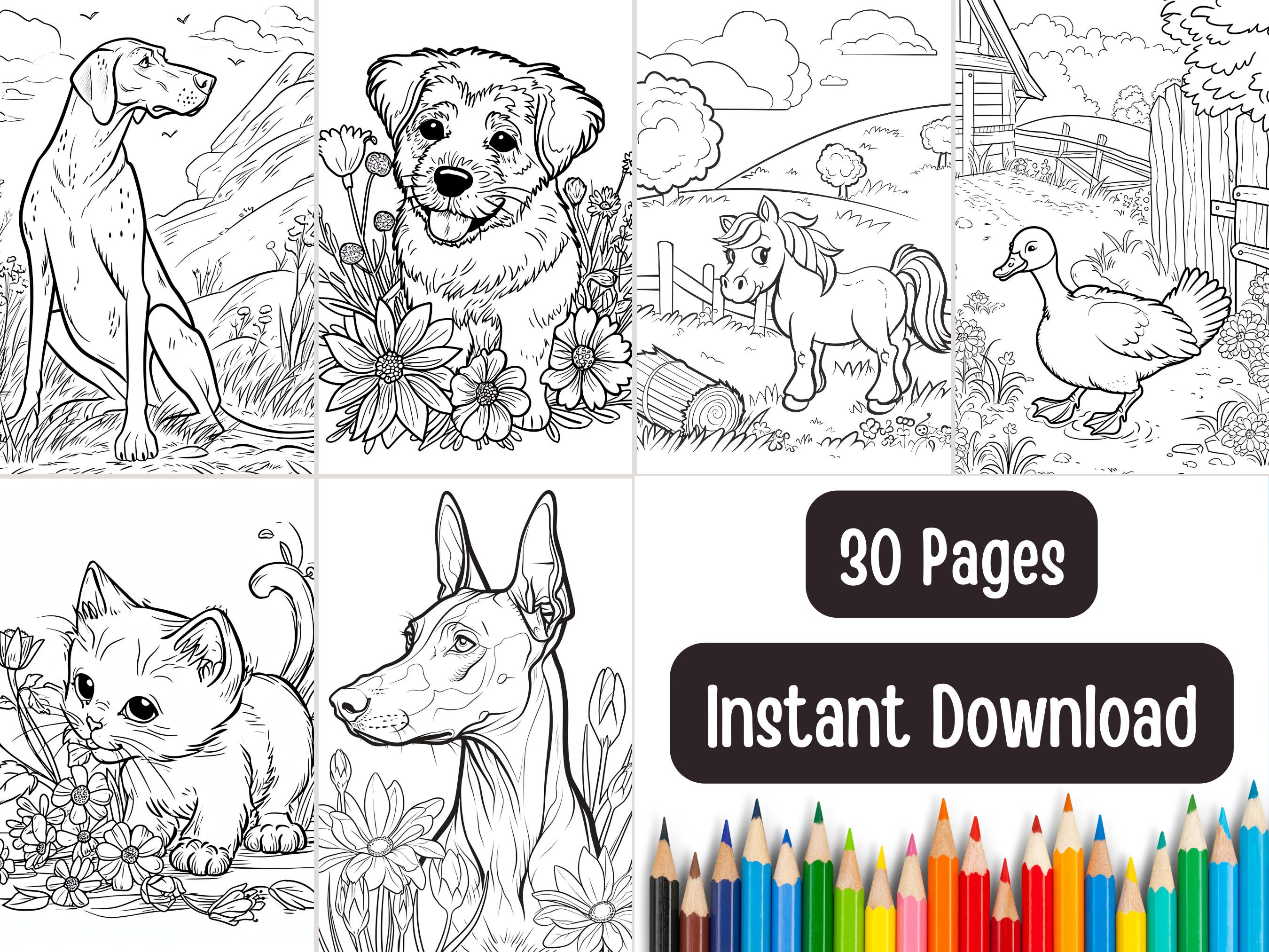 30 Printable Coloring Pages Pets Collection Adult & Children Dogs, Cats ...