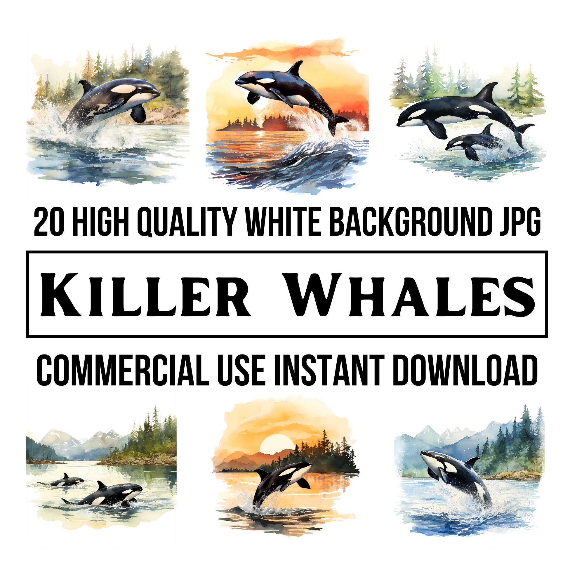 Orca Killer Whale Clip Art, 20 High Quality 300 Dpi Jpgs - Watercolor ...