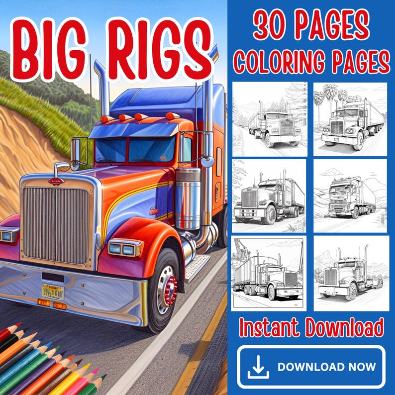 30 Big Rig Trucks Printable Coloring Pages - Instant Download 8.5" X 8. ...