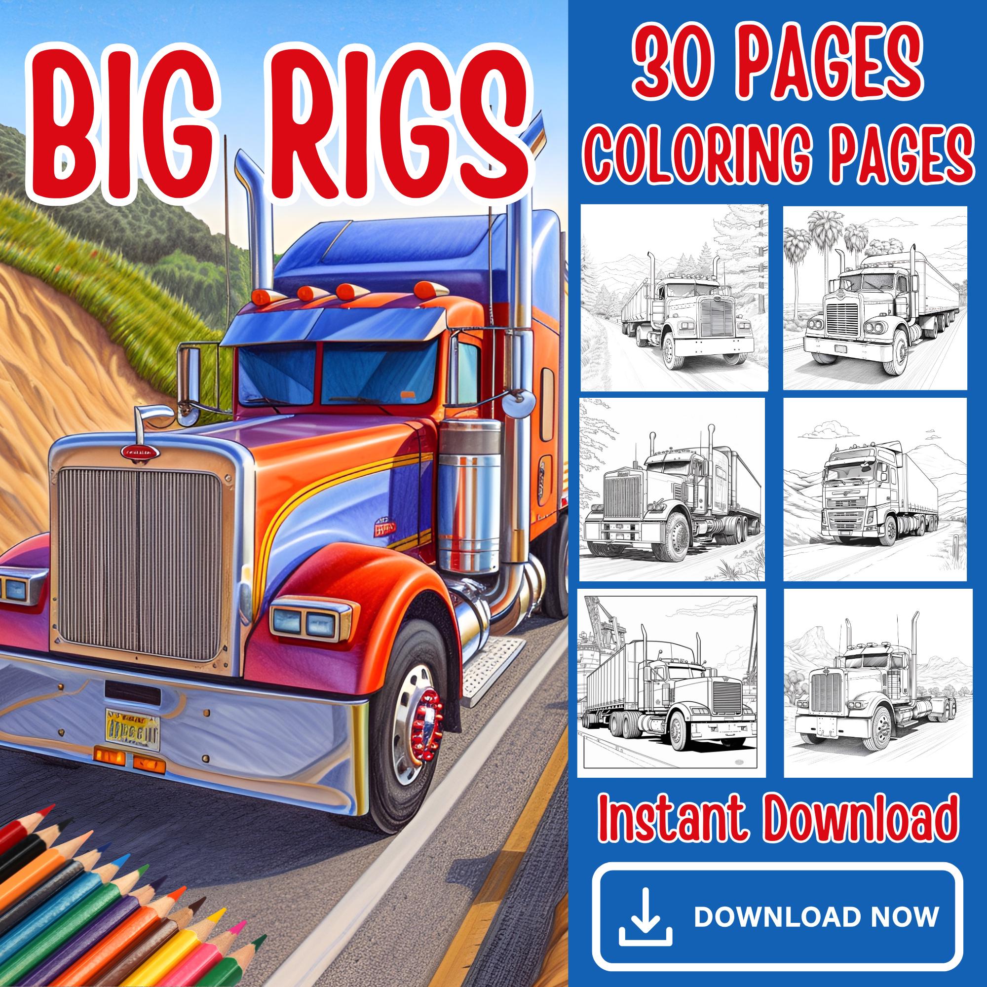 30 Big Rig Trucks Printable Coloring Pages - Instant Download 8.5" X 8. ...