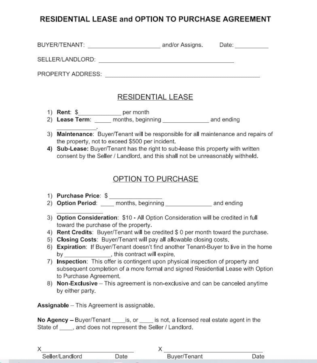Residential Lease and Option to Purchase Agreement | Real Estate ...