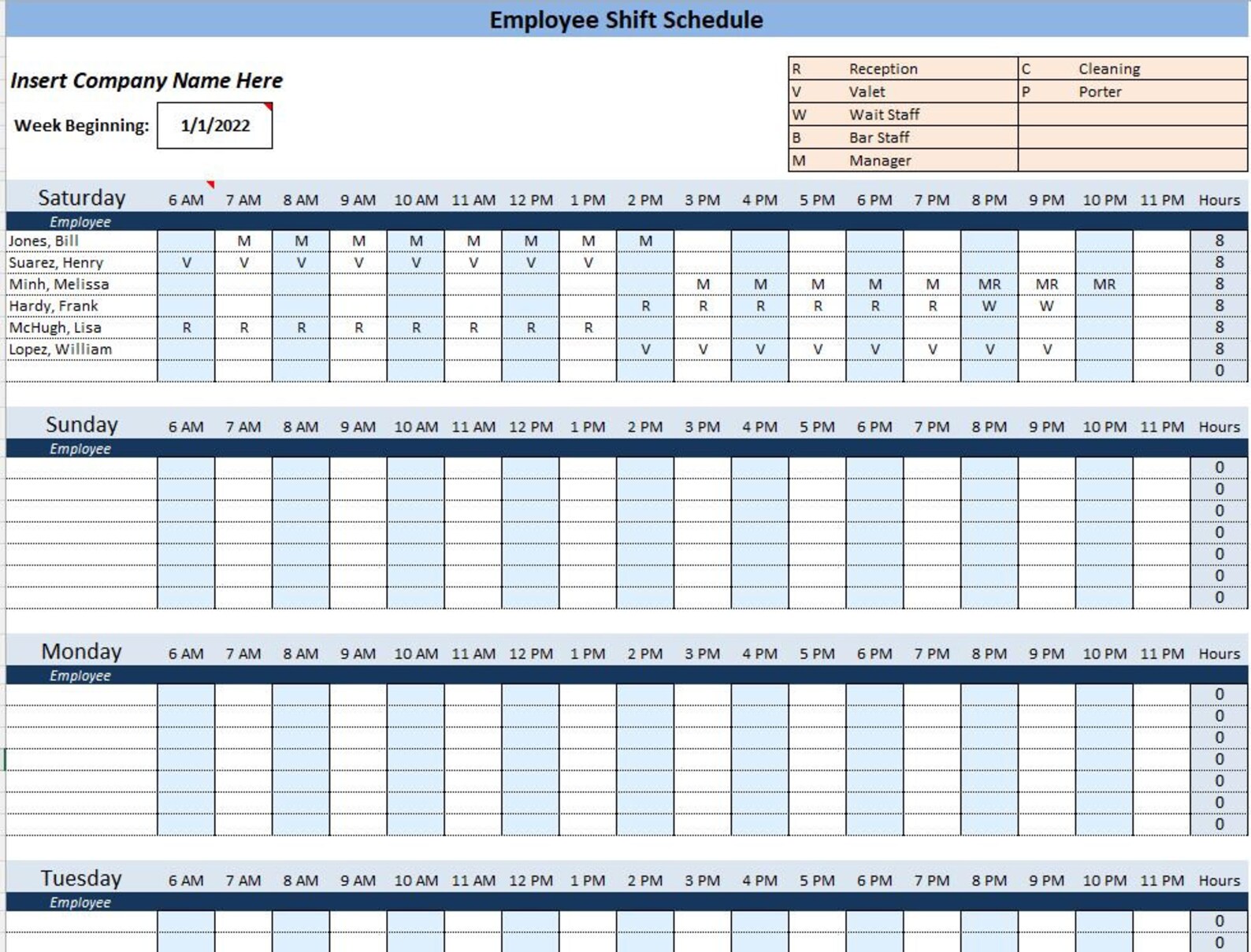 Detailed Employee Schedule Template, Excel / Google Sheets Version 2 - Etsy