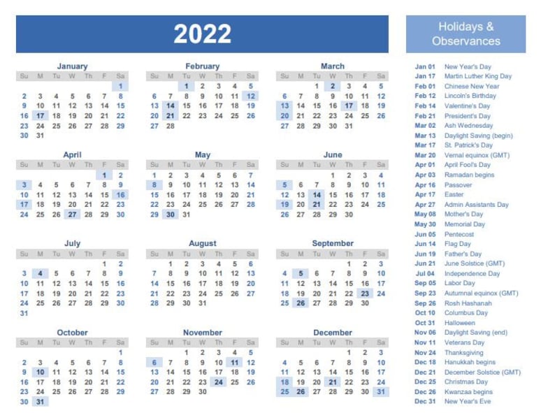 2022 Printable Calendar Instant Download - Etsy UK