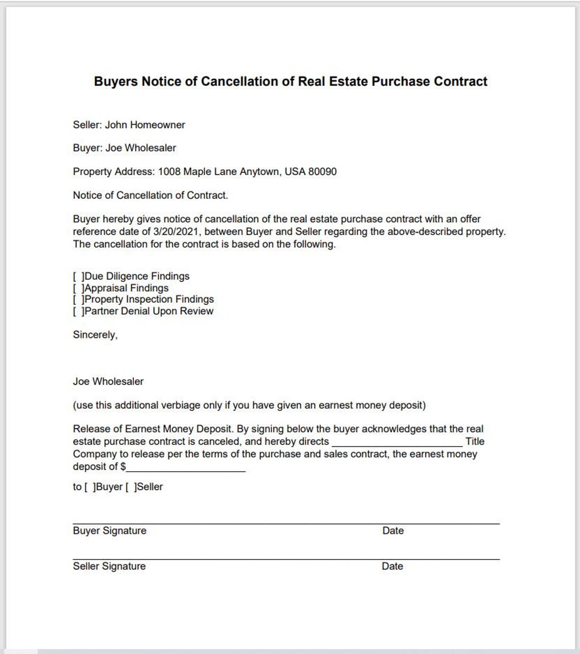 Buyers Notice of Cancellation | Real Estate Contract | Wholesale - Etsy