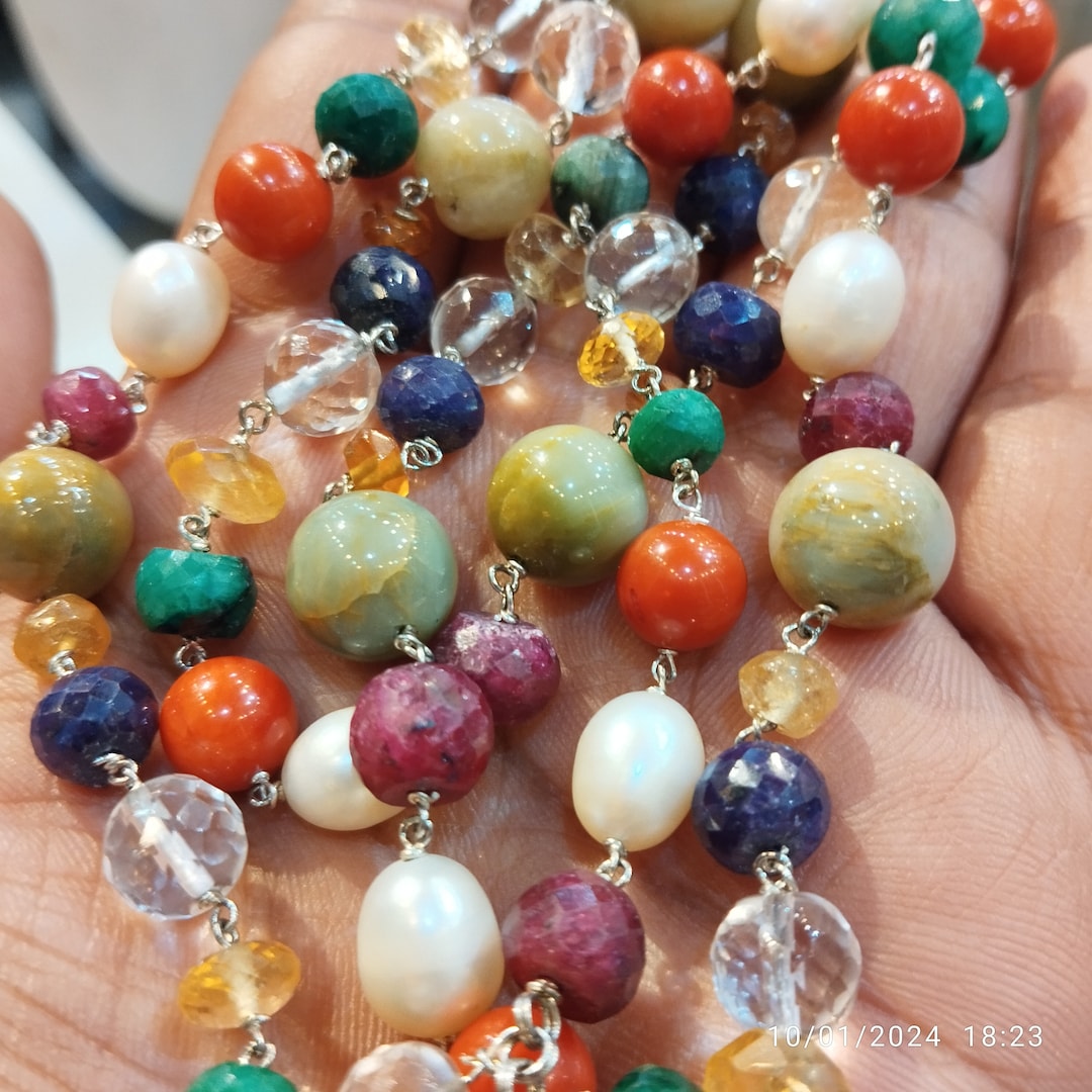 Pleasing Navratan Energy Mala 925 Silver Necklace, Nine Gems Mala Beads ...