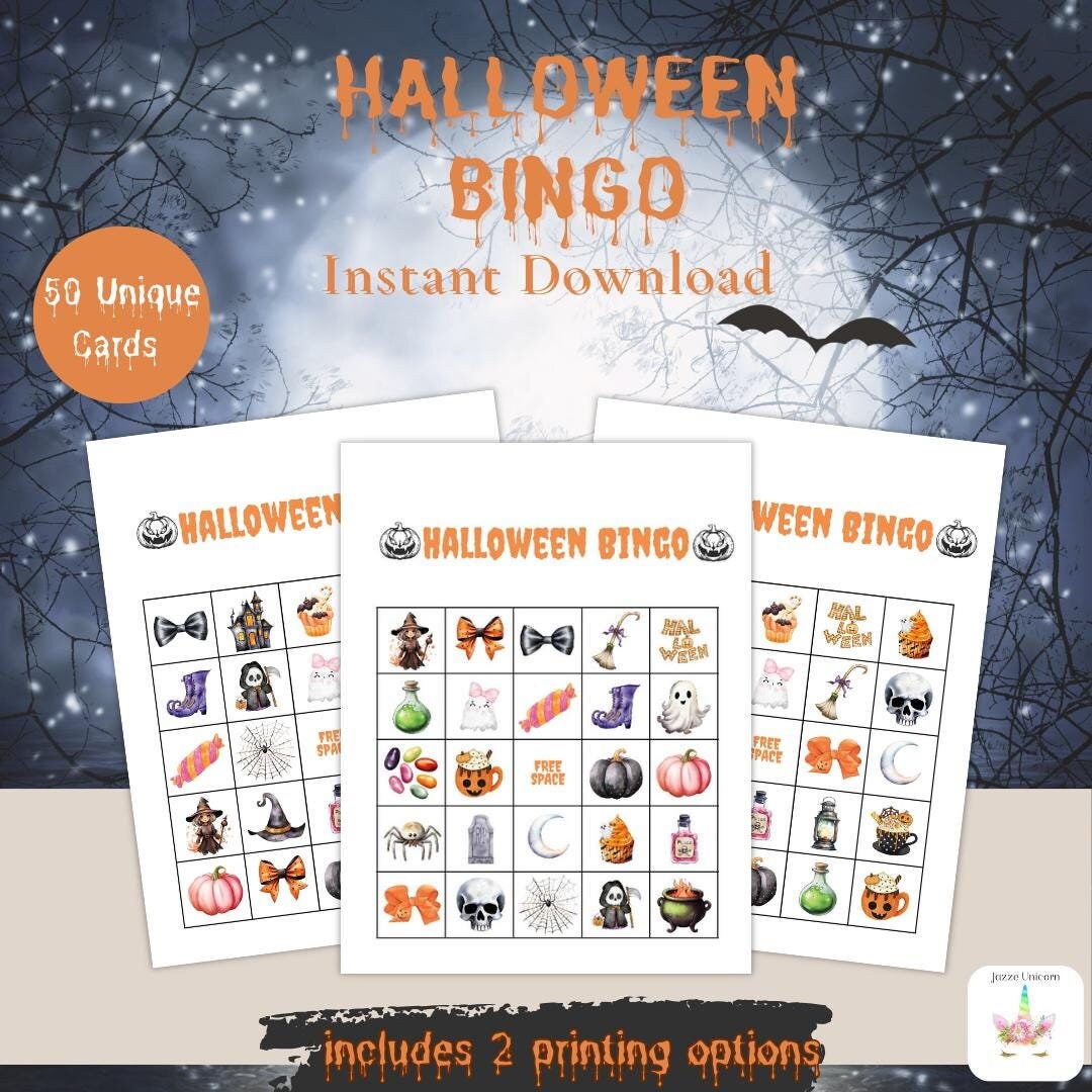 Printable Halloween Bingo Games - 50 Unique Cards for Parties ...