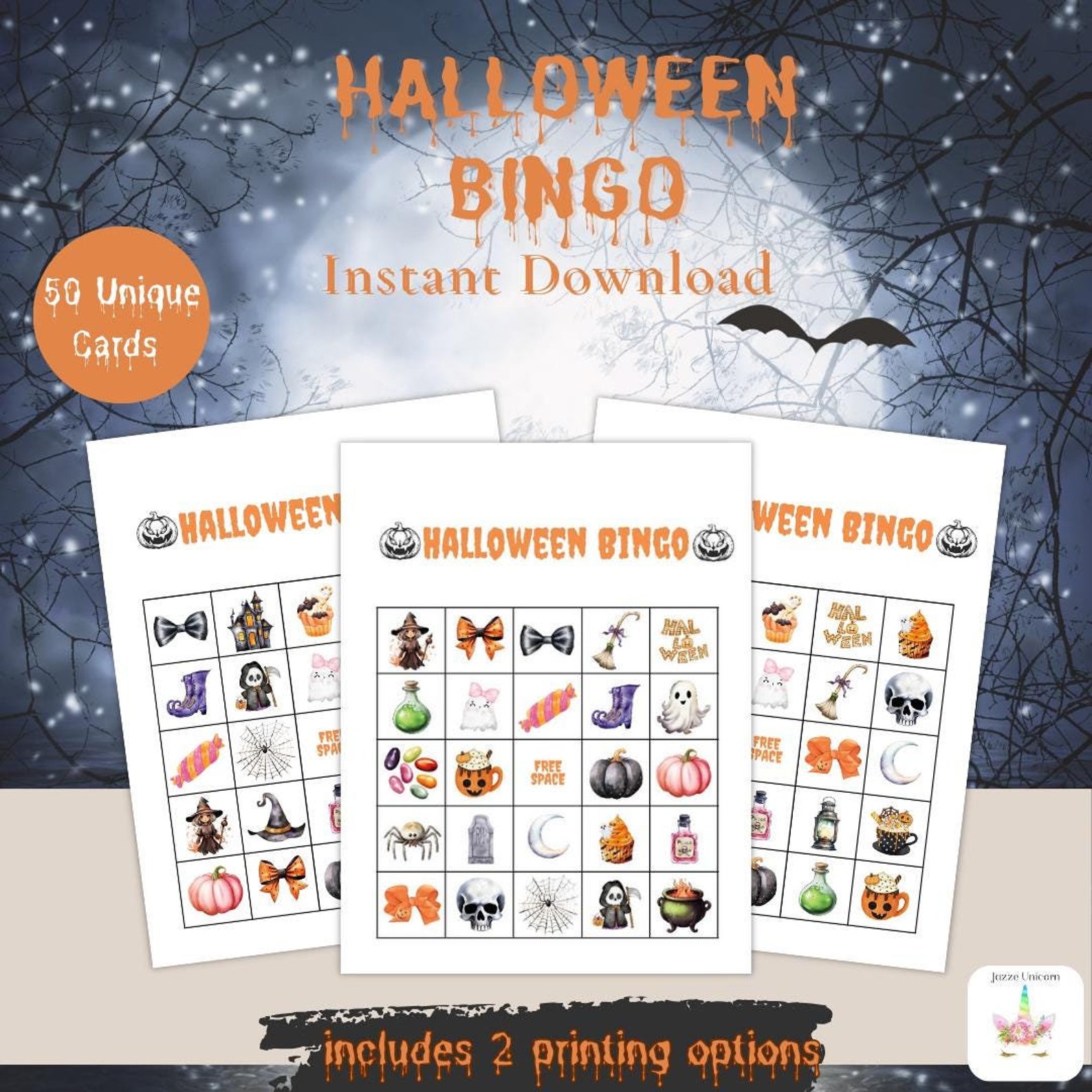 Printable Halloween Bingo Games - 50 Unique Cards for Parties ...
