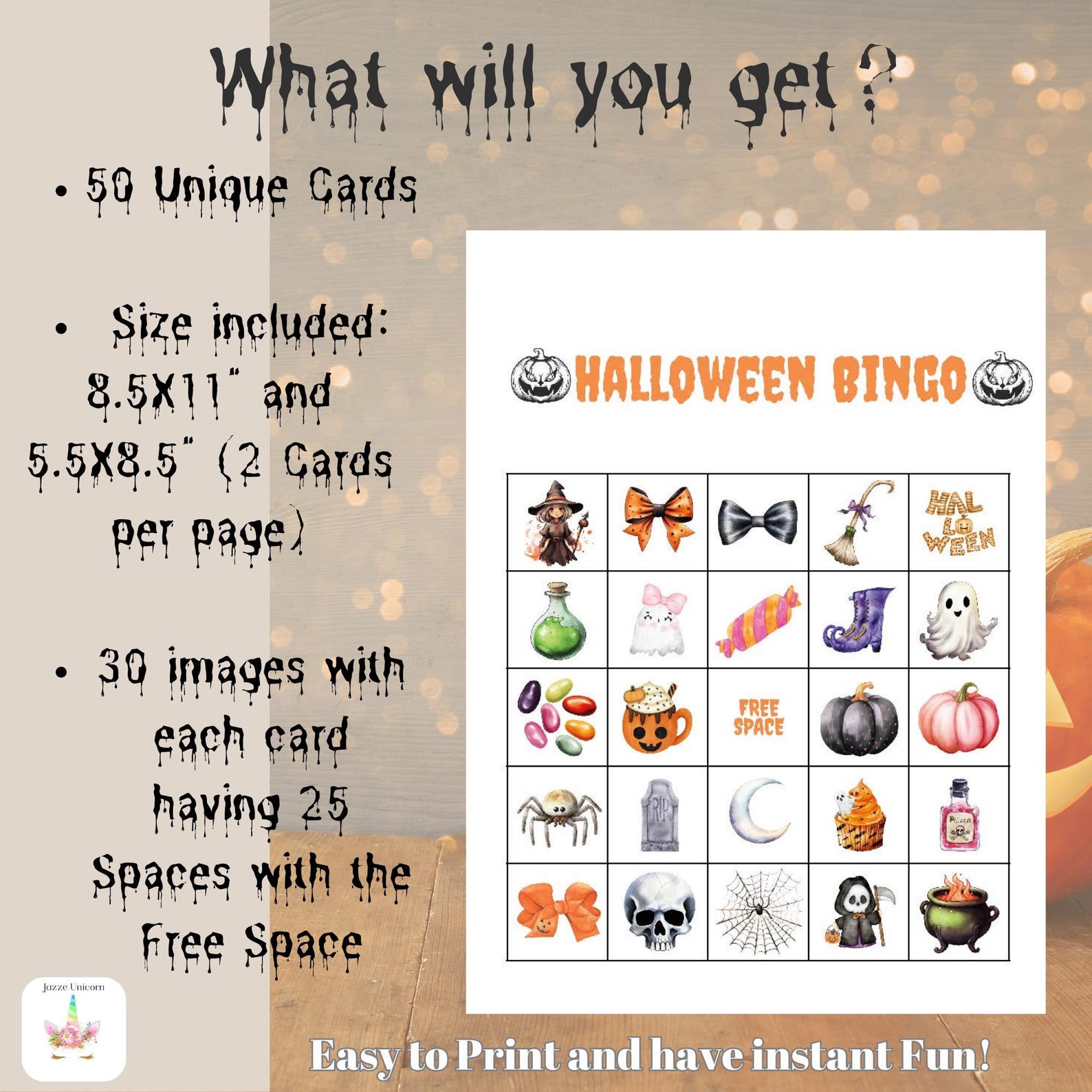 Printable Halloween Bingo Games - 50 Unique Cards for Parties ...
