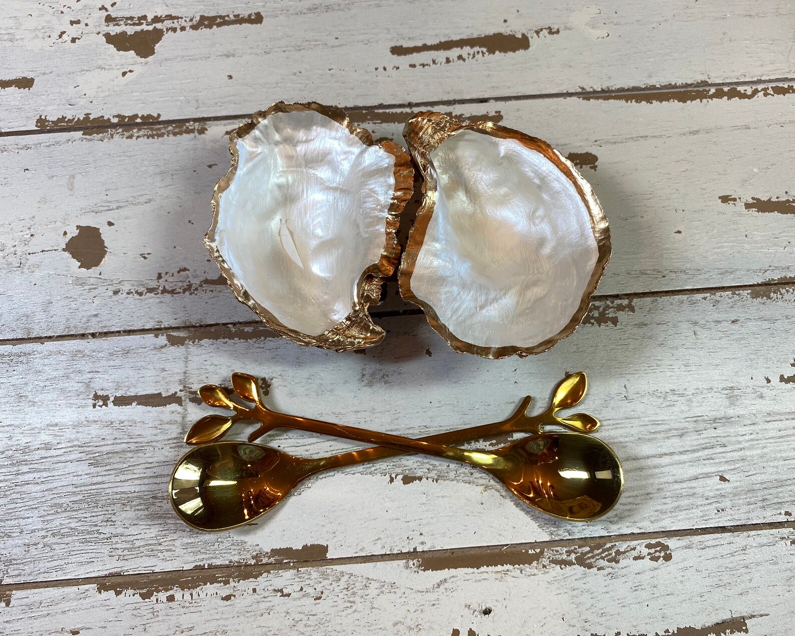 Pair of Gilded Oyster Shell Salt & Pepper Dishes With Spoons - Etsy