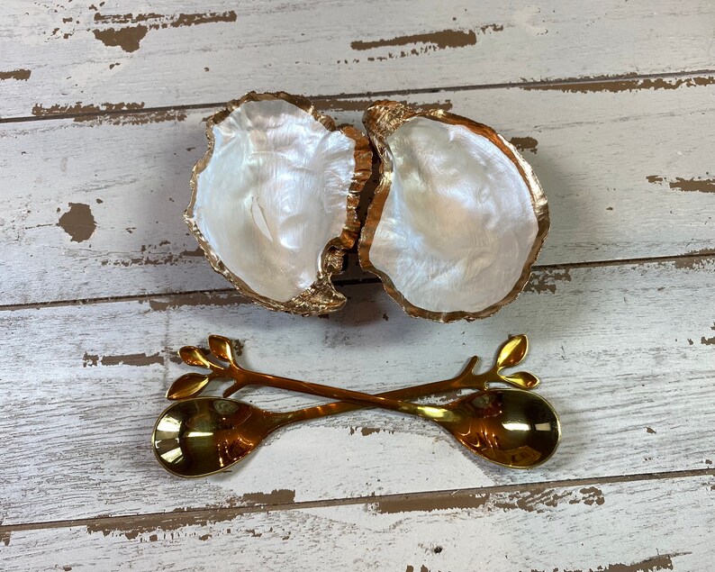 Pair of Gilded Oyster Shell Salt & Pepper Dishes With Spoons - Etsy