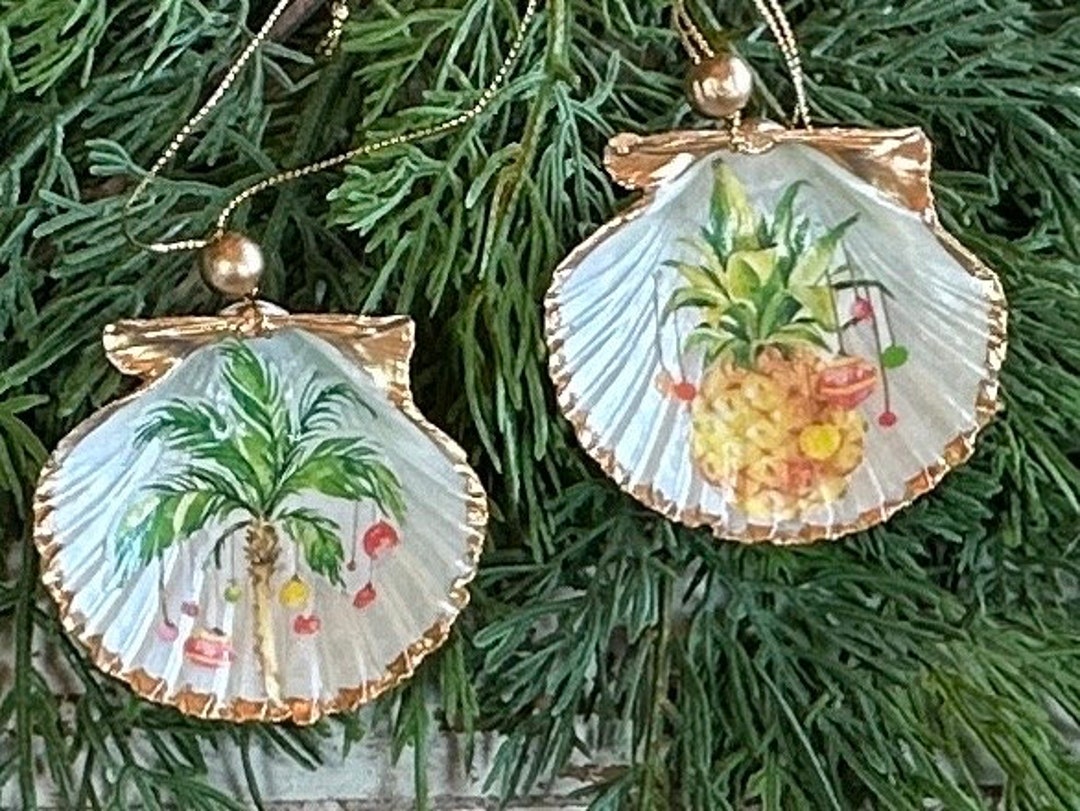 Two Scallop Shells Tropical Christmas Palm and Pineapple Ornaments ...