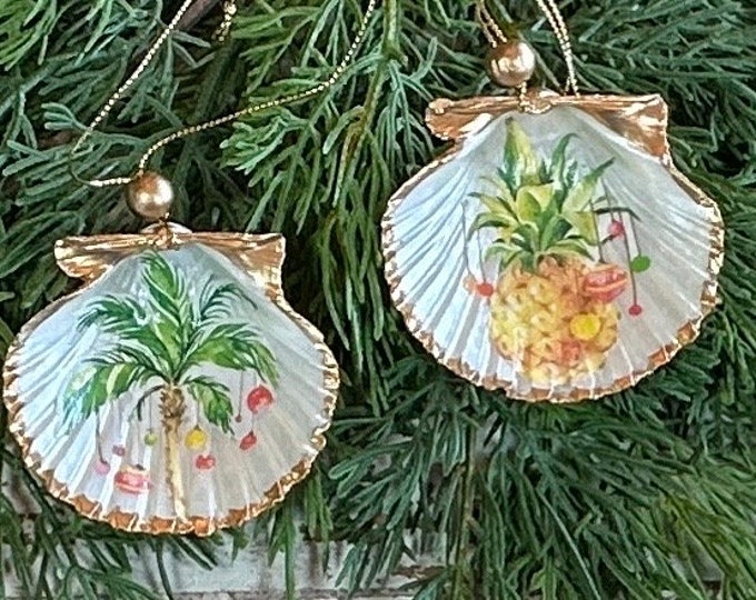 Two Scallop Shells Tropical Christmas Palm and Pineapple Ornaments ...