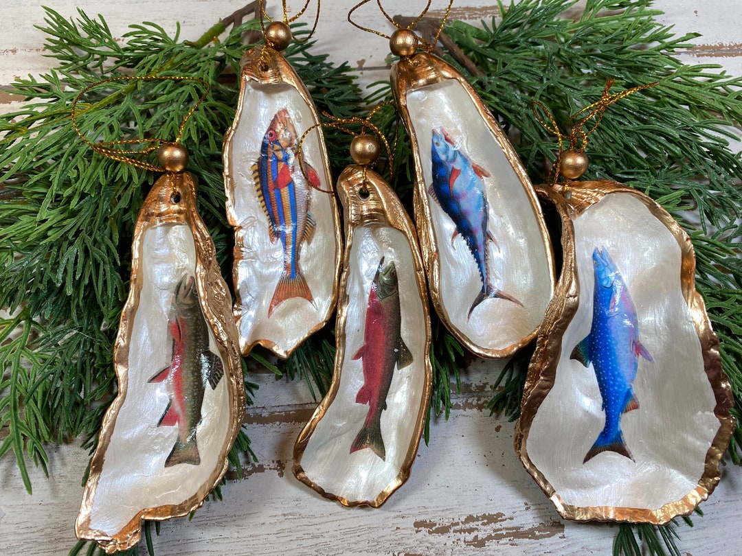Fish Ornaments 1-5, Oyster Shell Fish Christmas Ornaments, Decoupage ...
