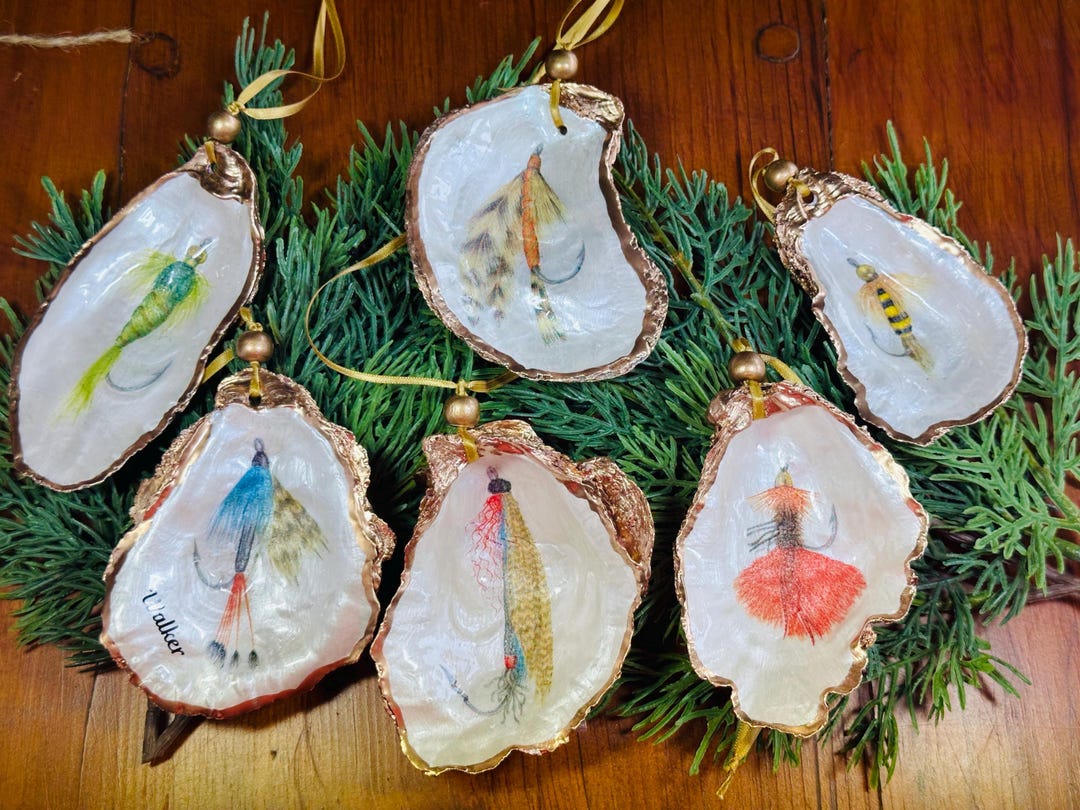Decoupage Oyster Shell Fishing Lure Ornament: Coastal Christmas Decor ...