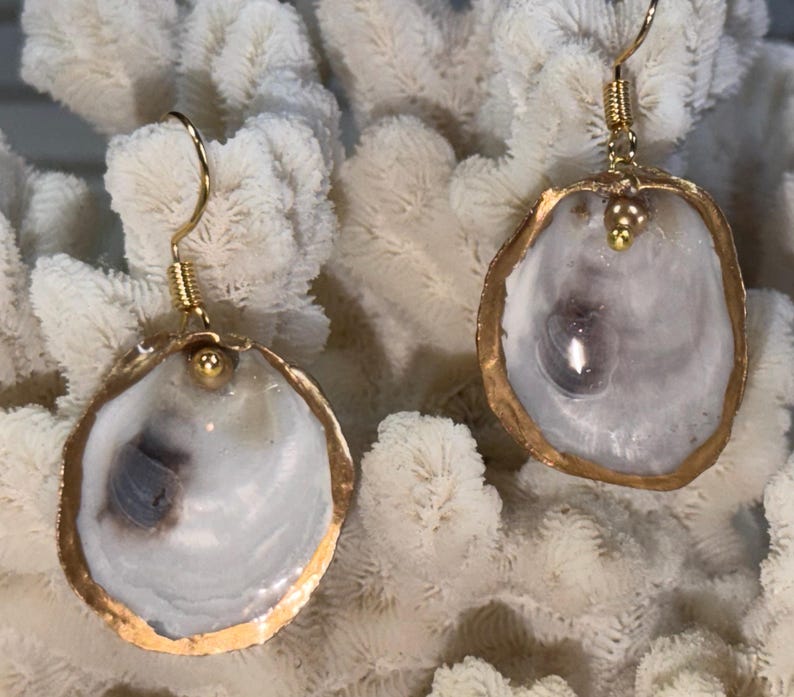 Tiny Oyster Shell Earrings, Gold Leaf Gilded, Coastal Jewelry, Surgical ...
