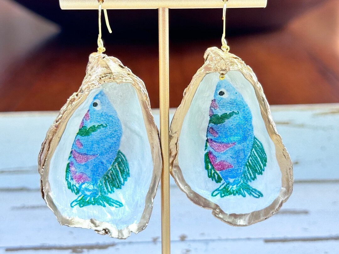 Tiny Oyster Shell Blue Fish Decoupage Earrings * Summertime Whimsy! - Etsy