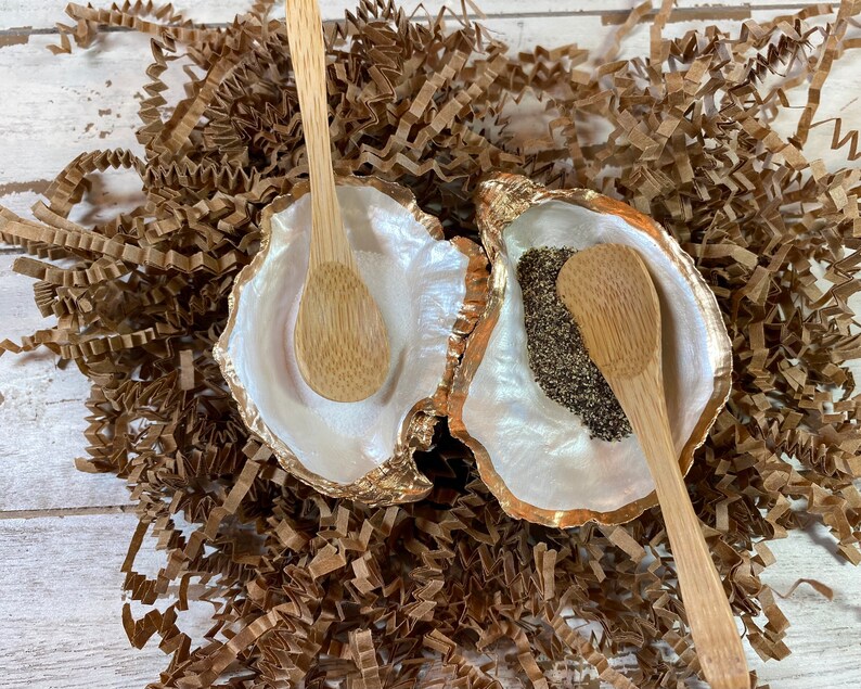 Pair of Gilded Oyster Shell Salt & Pepper Dishes With Spoons - Etsy