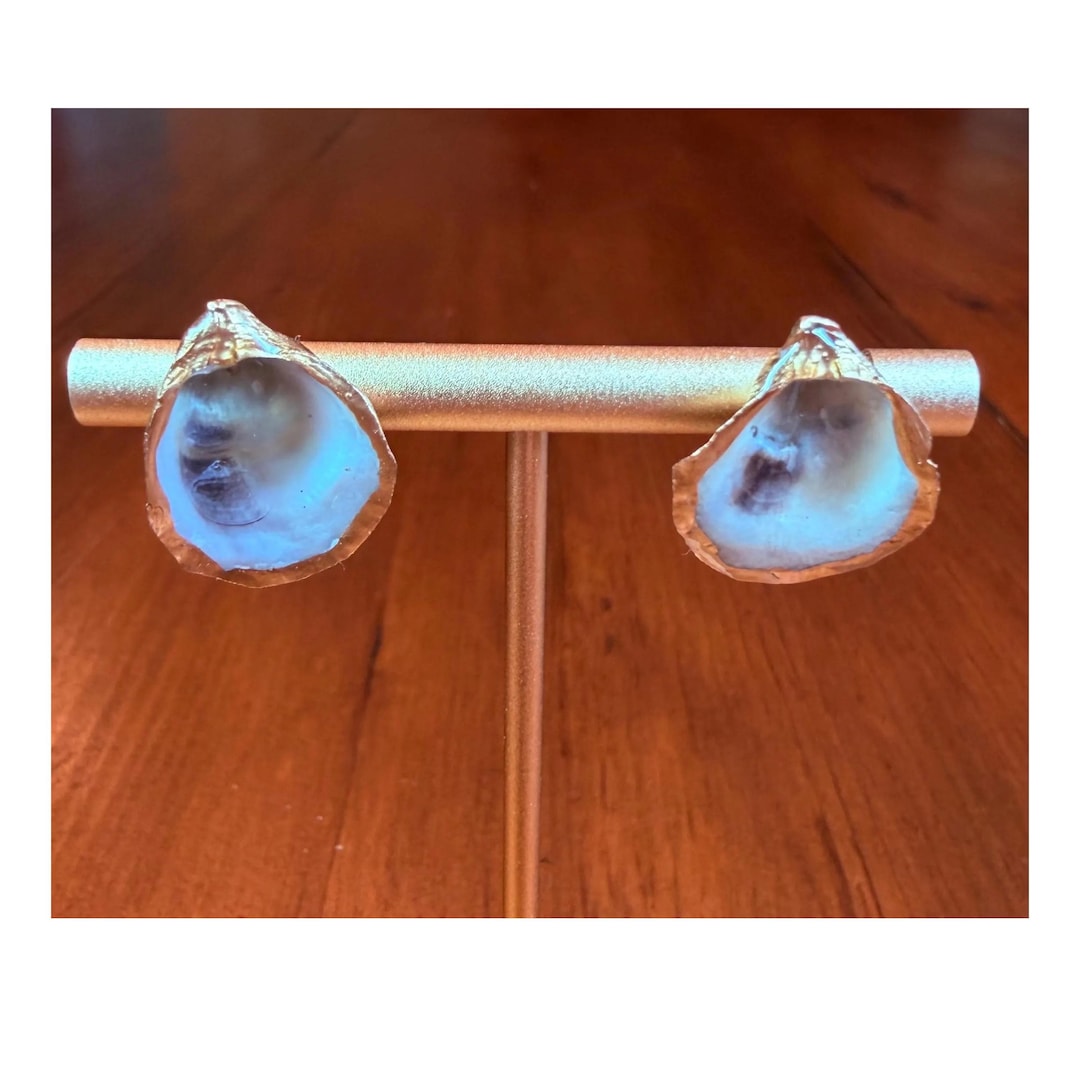 Tiny Oyster Shell Earrings From Ocracoke Island - Gold Leaf Accents ...
