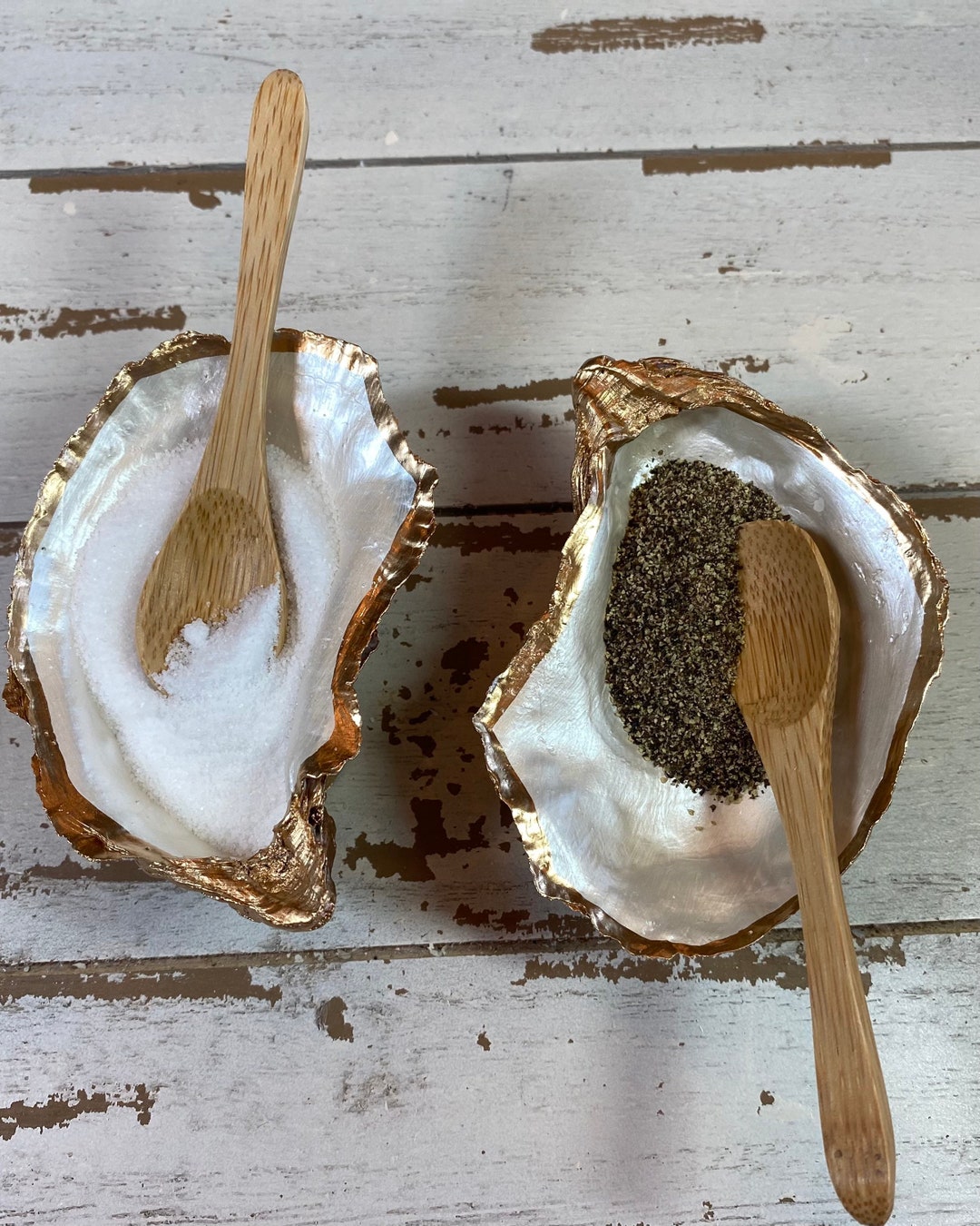 Pair of Gilded Oyster Shell Salt & Pepper Dishes With Spoons | Salt ...