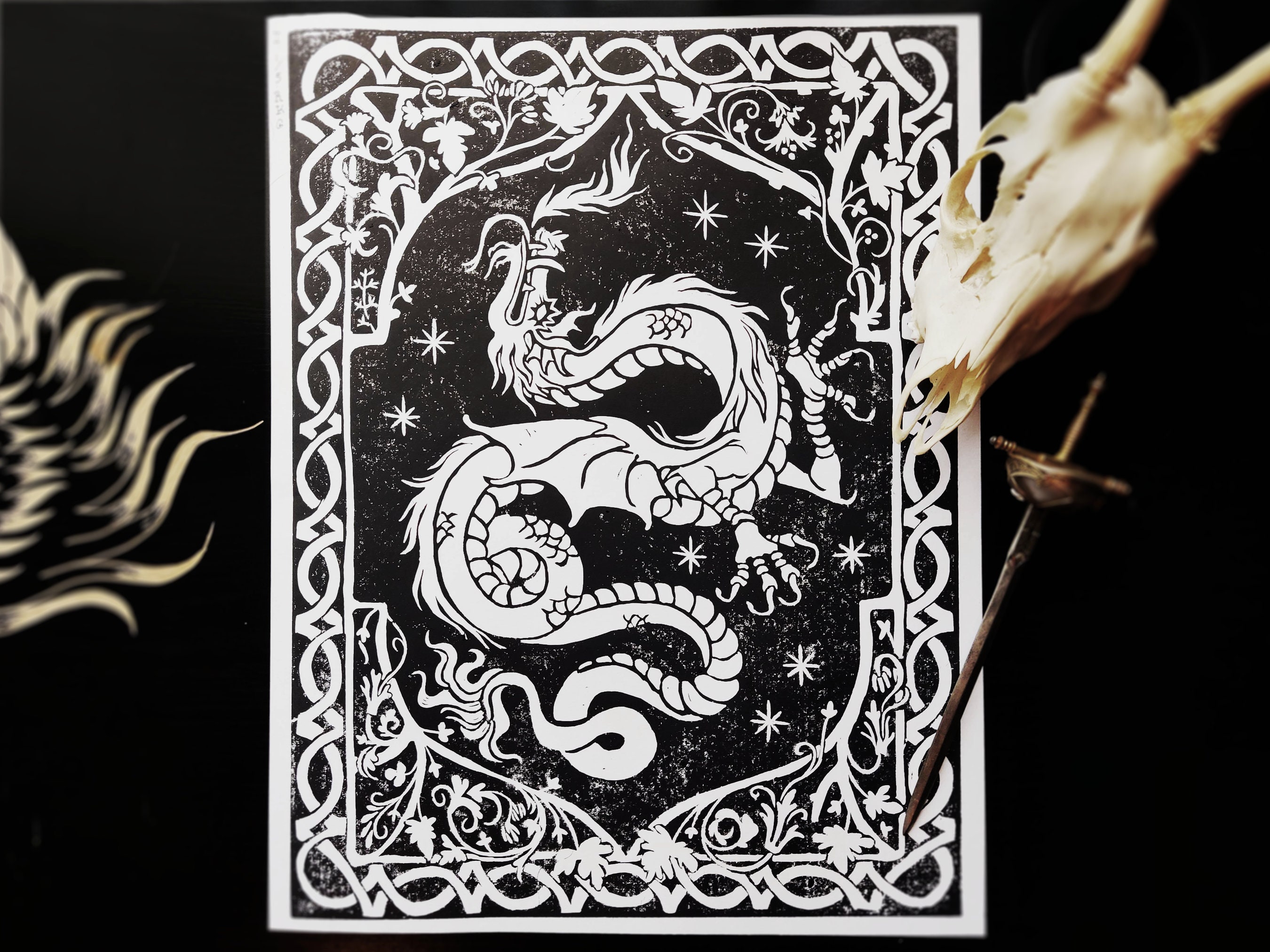 The Dragon - Original Art Handmade Linocut Blockprint Wall Decor Tarot ...