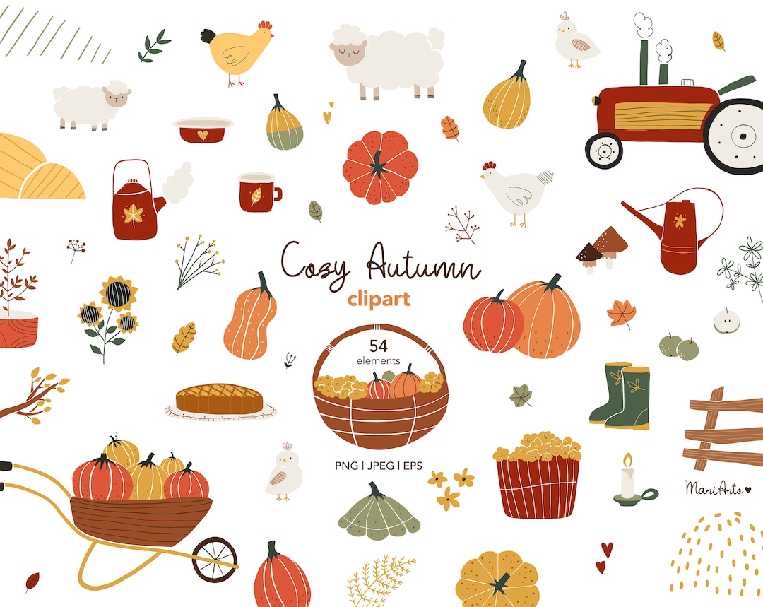Cozy Autumn Vector Clipart, Fall Leaves, Cute Farm, Pumpkin Spice ...