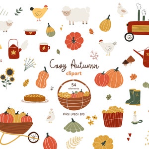 Cozy Autumn Vector Clipart, Fall Leaves, Cute Farm, Pumpkin Spice ...