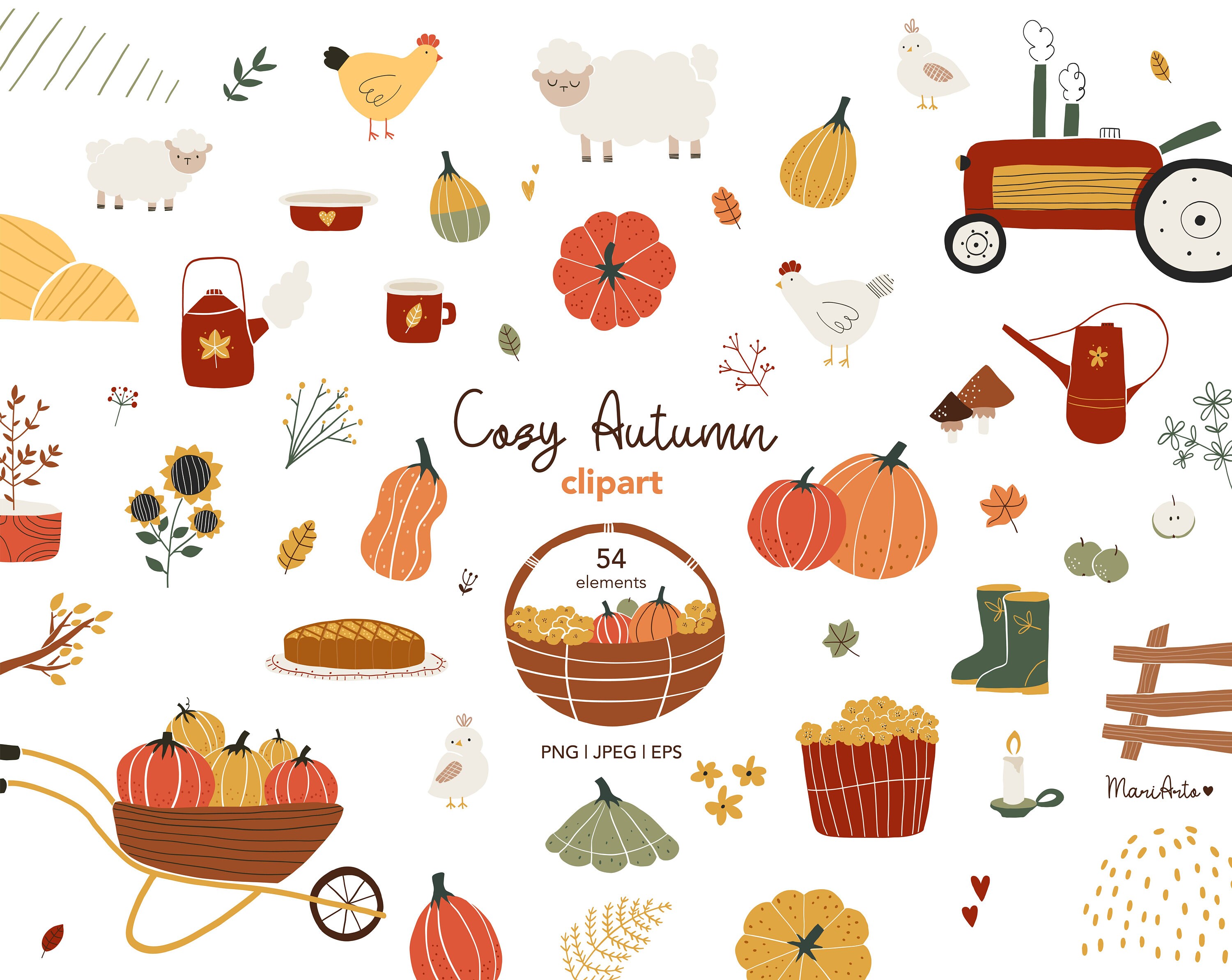 Cozy Autumn Vector Clipart, Fall Leaves, Cute Farm, Pumpkin Spice ...