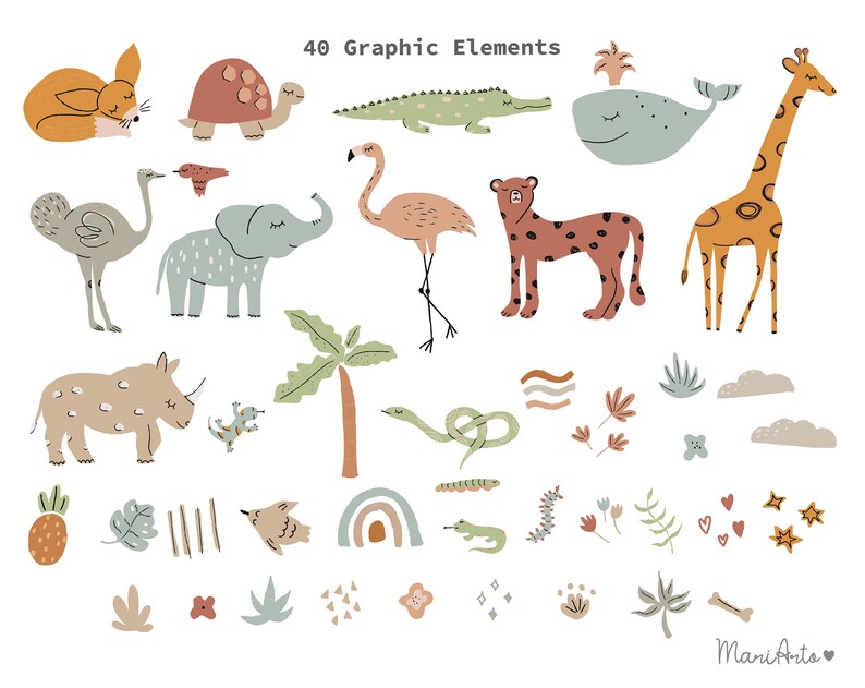 Bohemian Safari Animals Clipart – Cute African Wildlife Set, Floral ...