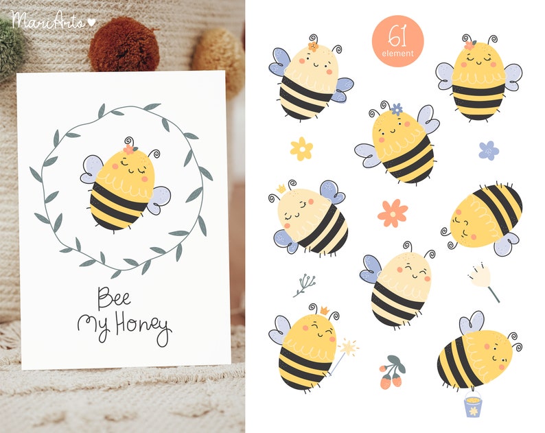 Bee Clip Art Set, Bees PNG Clipart and Lettering, Honey, Beehive ...