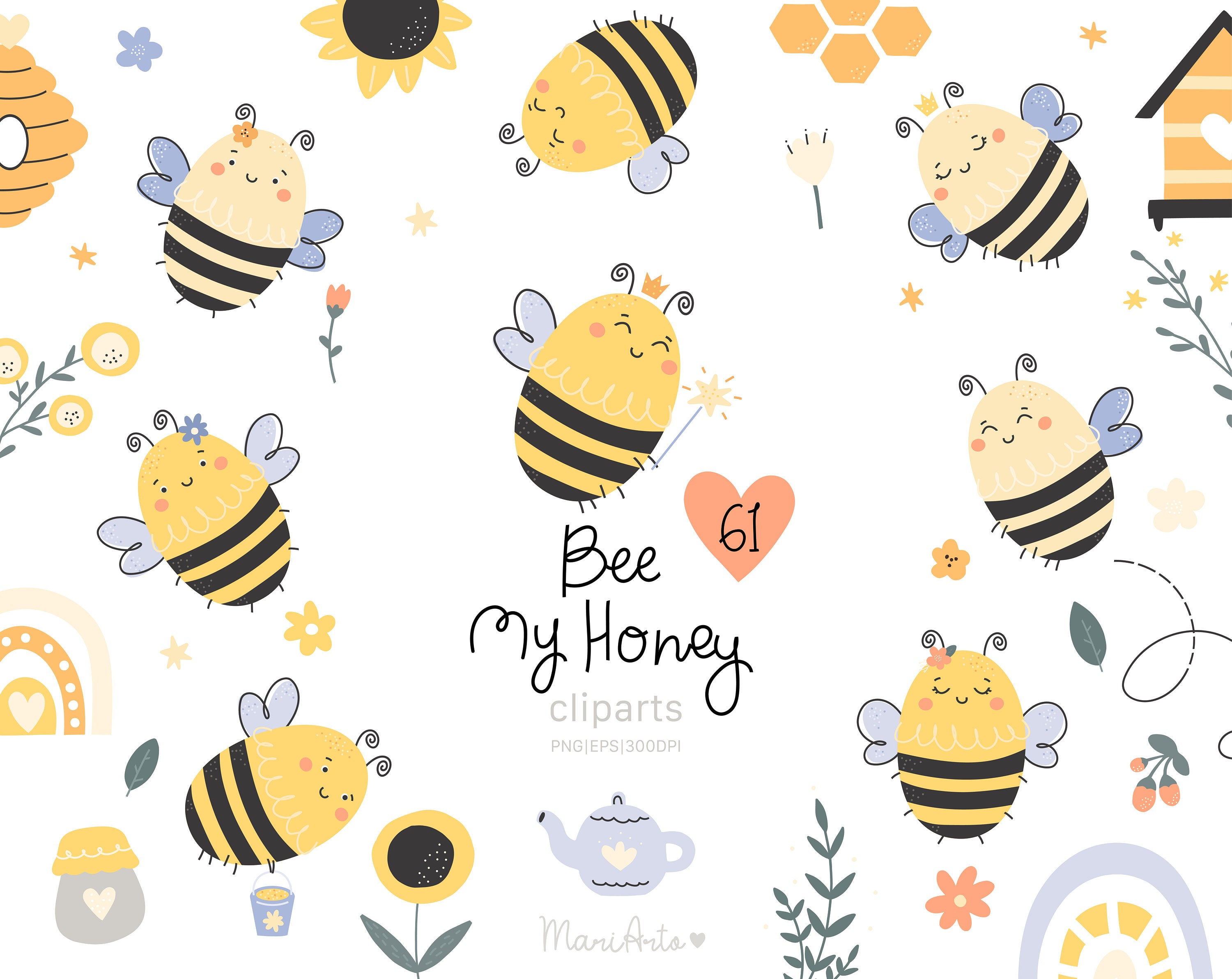 Bee Clip Art Set, Bees PNG Clipart and Lettering, Honey, Beehive ...