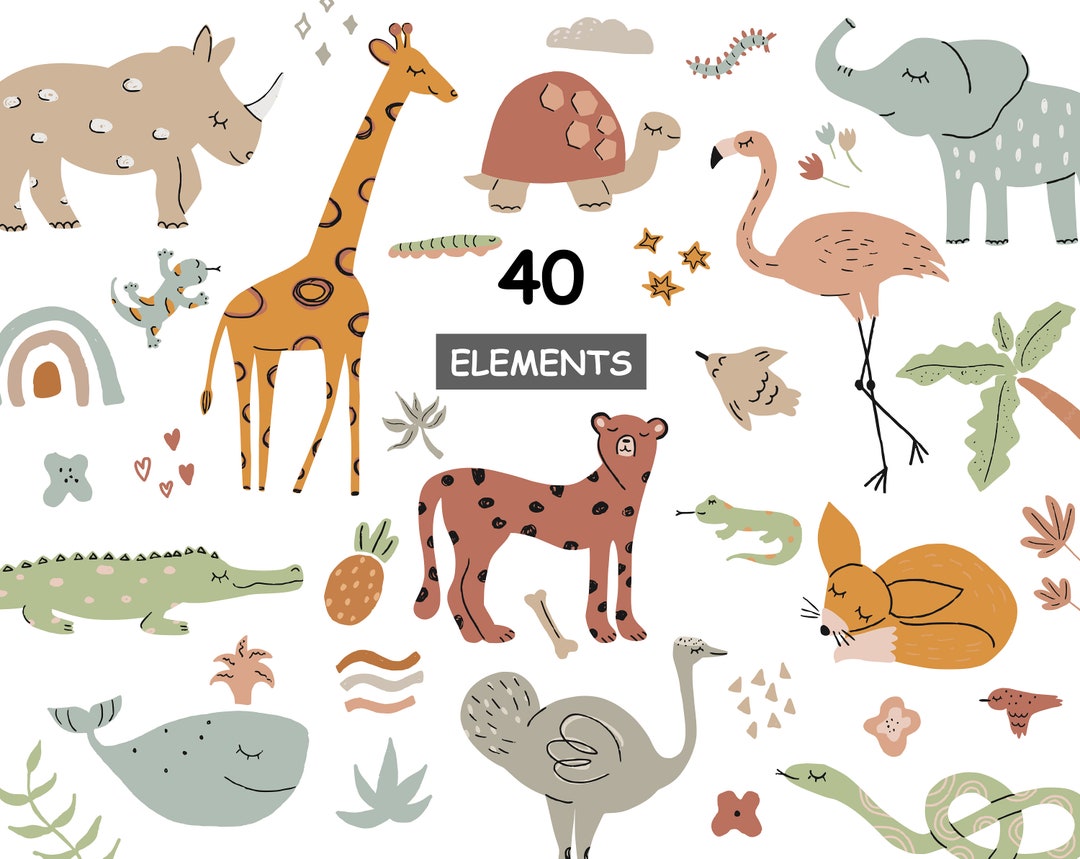Bohemian Safari Animals Clipart – Cute African Wildlife Set, Floral ...