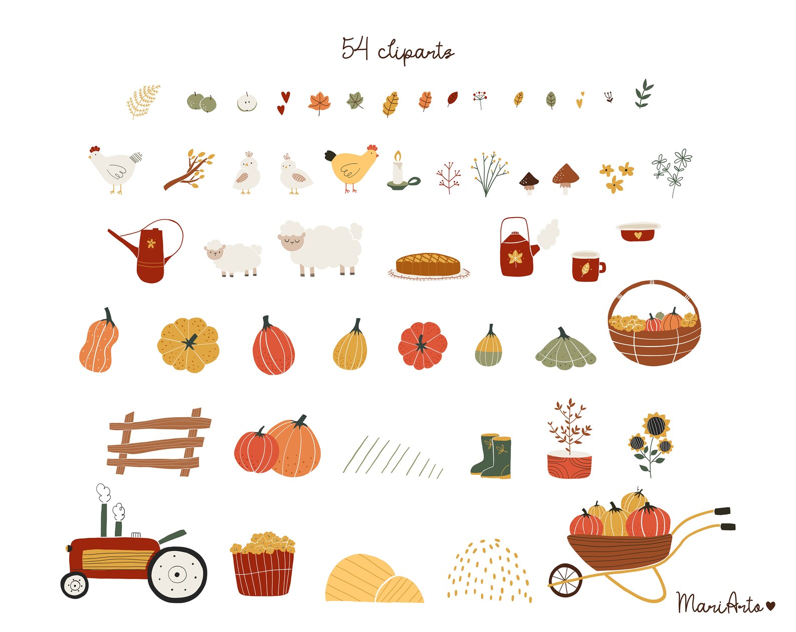 Cozy Autumn Vector Clipart, Fall Leaves, Cute Farm, Pumpkin Spice ...