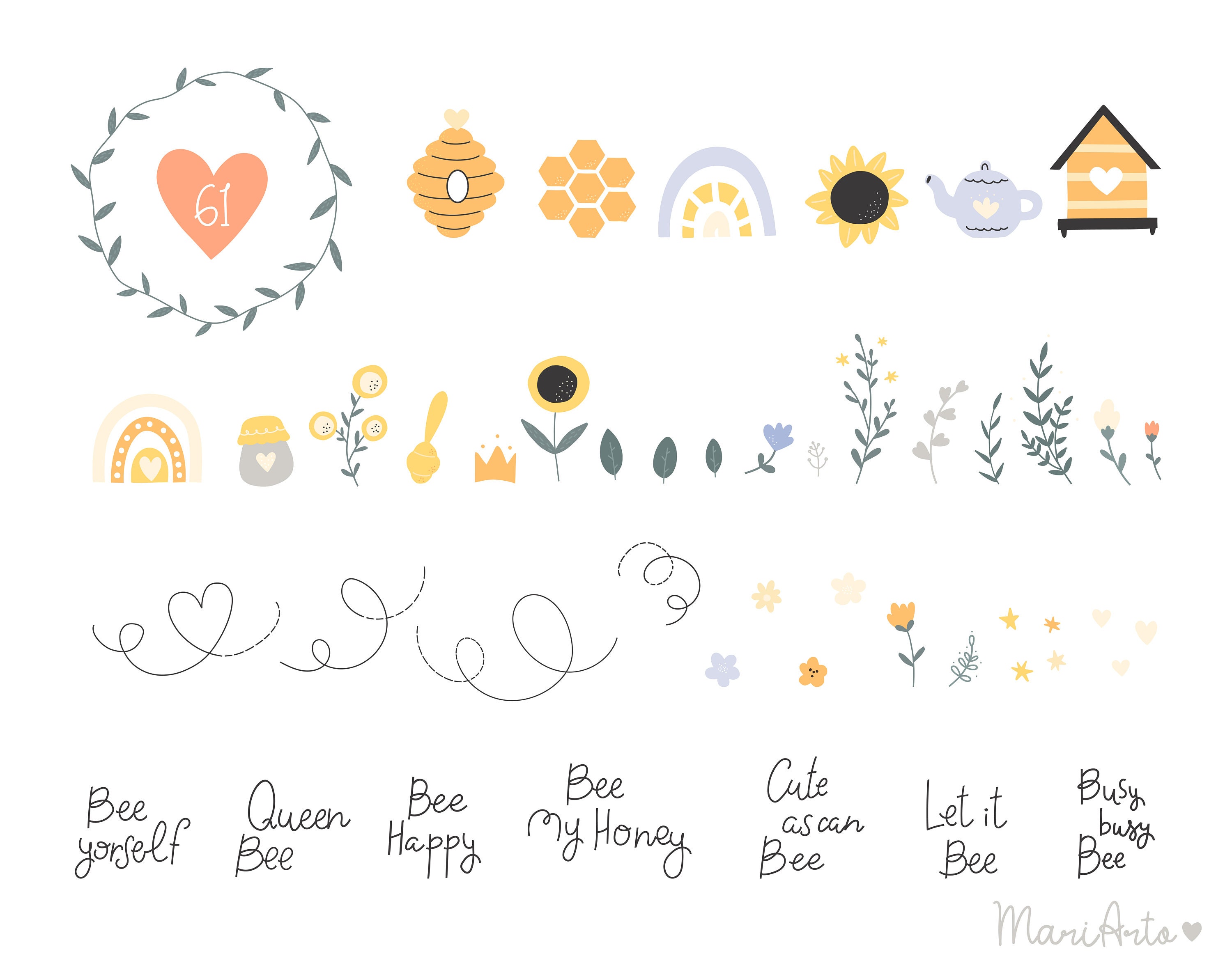 Bee Clip Art Set, Bees PNG Clipart and Lettering, Honey, Beehive ...