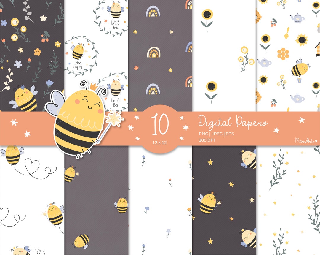Baby Bee Digital Paper – Cute Bumblebee Seamless Pattern, Rainbow ...