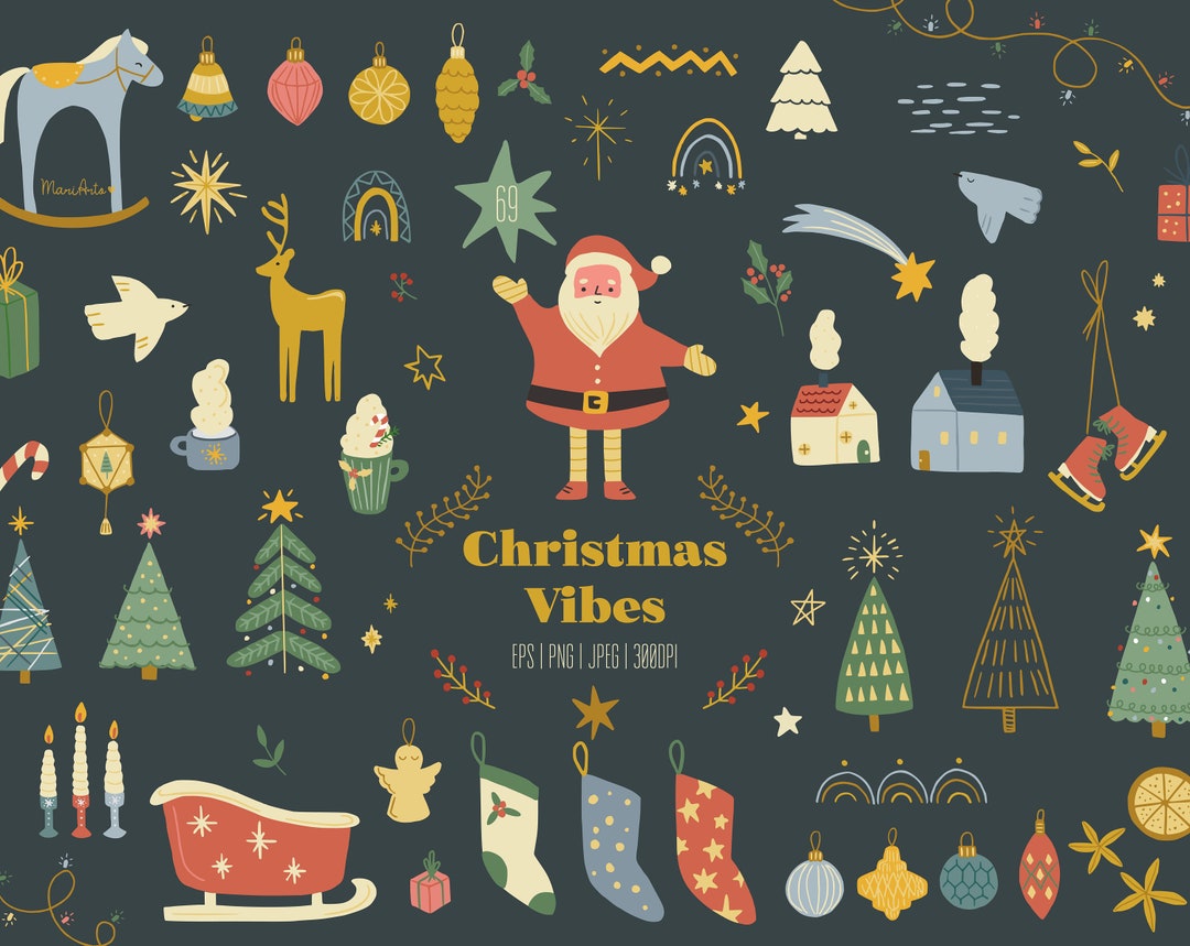 Retro Christmas Clipart Bundle – Santa PNG, Vintage Holiday Vibes, Cozy ...
