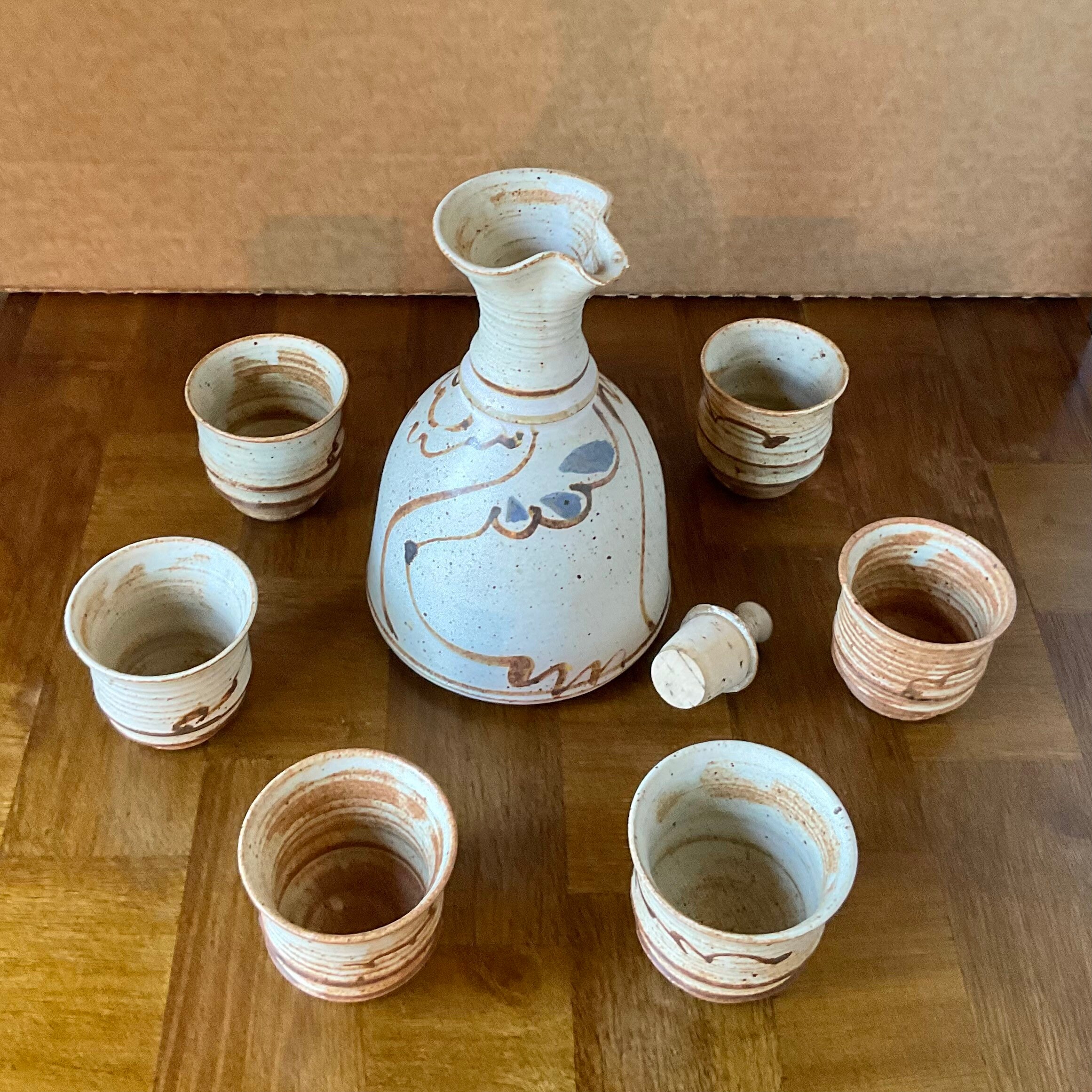Studio Pottery Shino Decanter Set With 6 Cups and Stopper, Signed Hank ...