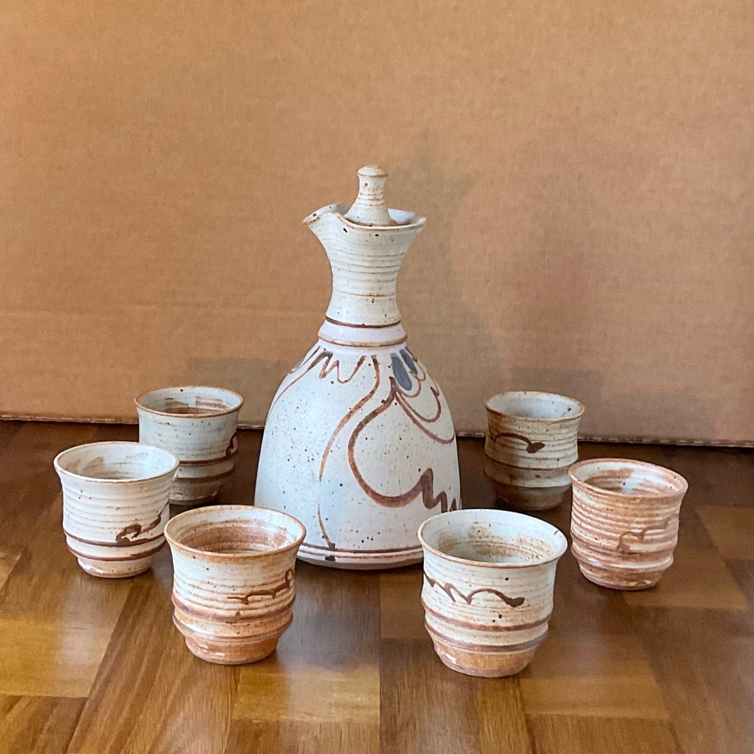 Studio Pottery Shino Decanter Set With 6 Cups and Stopper, Signed Hank ...