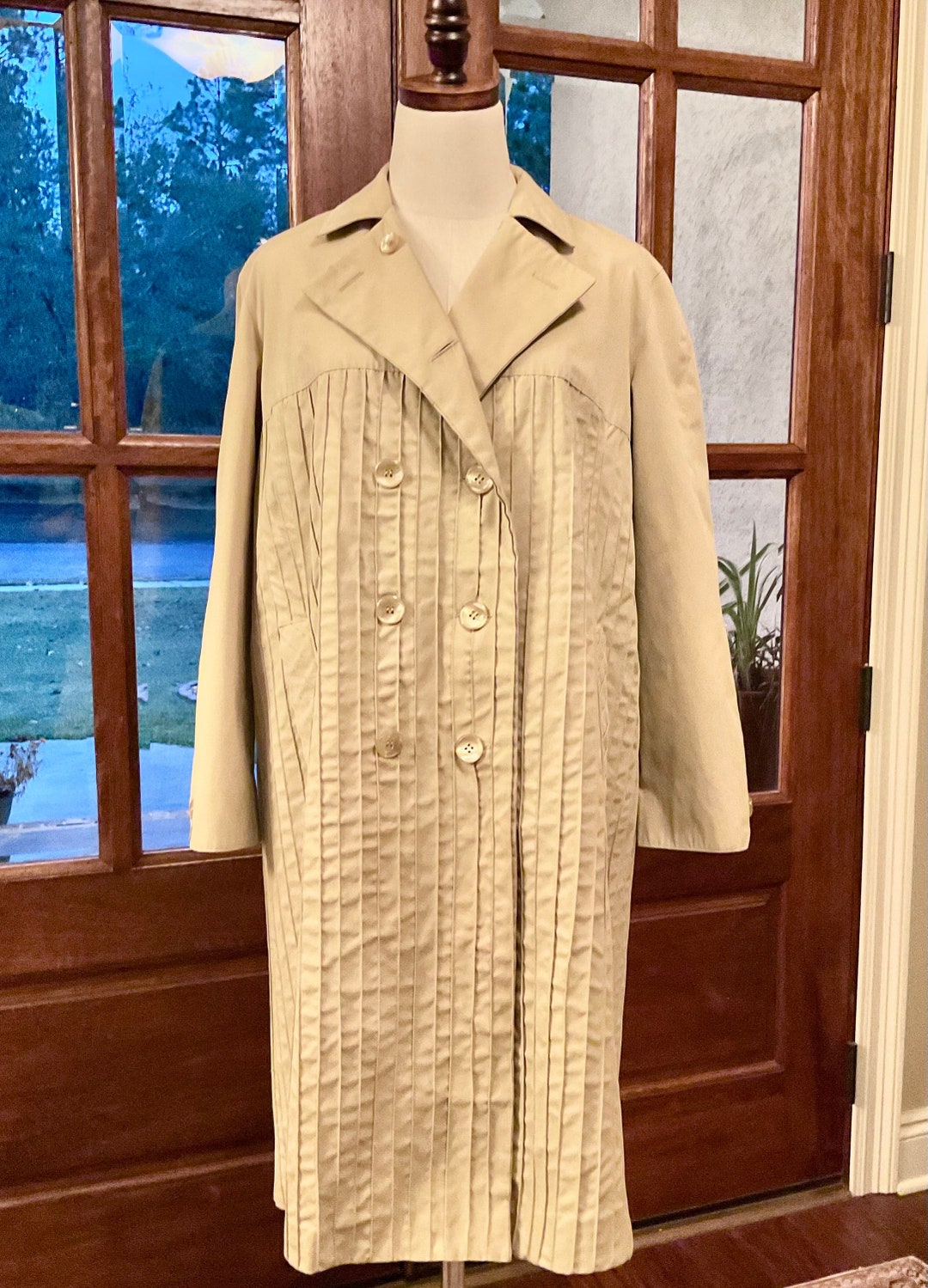 Vintage Khaki Raincoat, Double Breast, A-line, Cute Faux Pleat Stitch ...