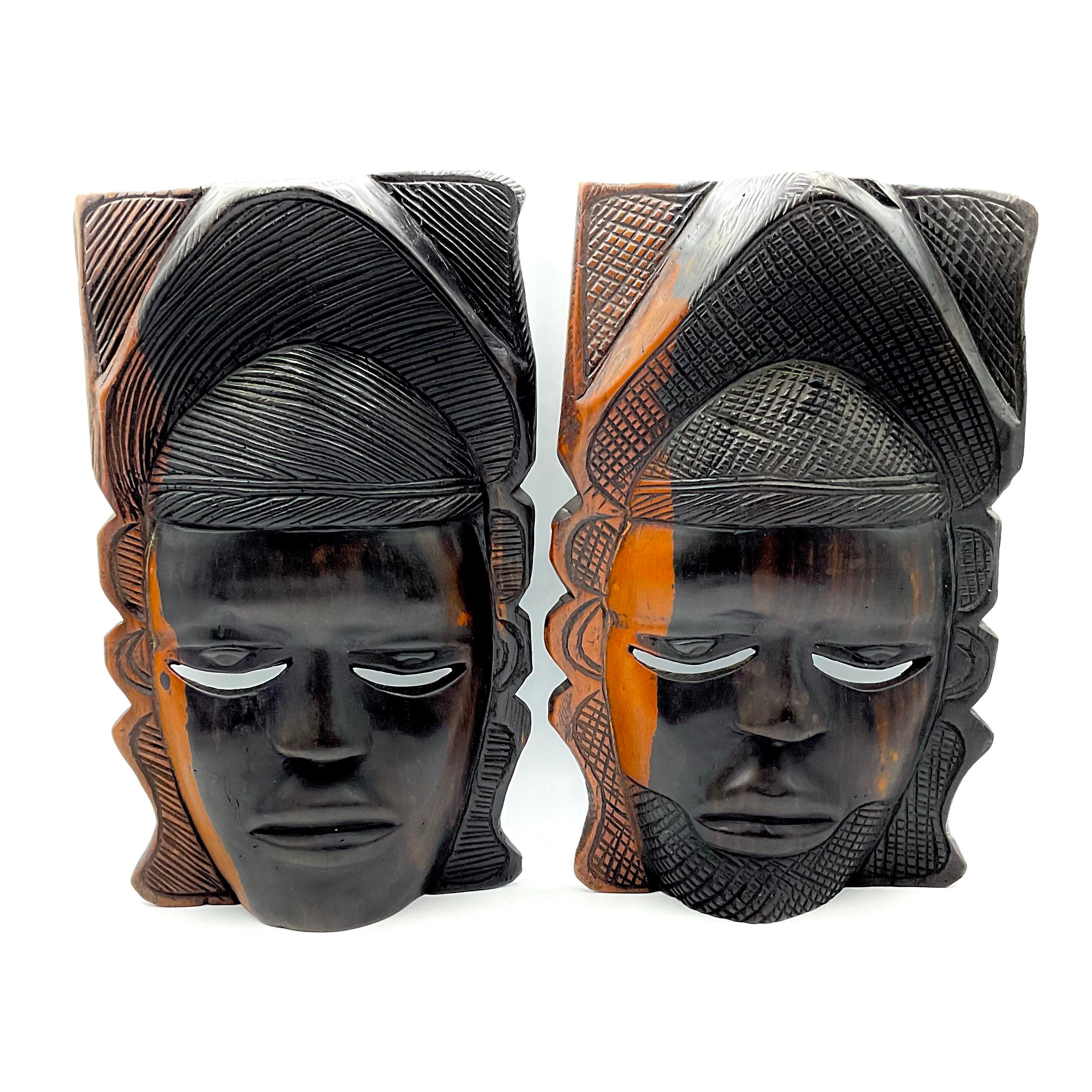 Pair of Ebony African King and Queen Carved Masks, 12.5t Male and ...