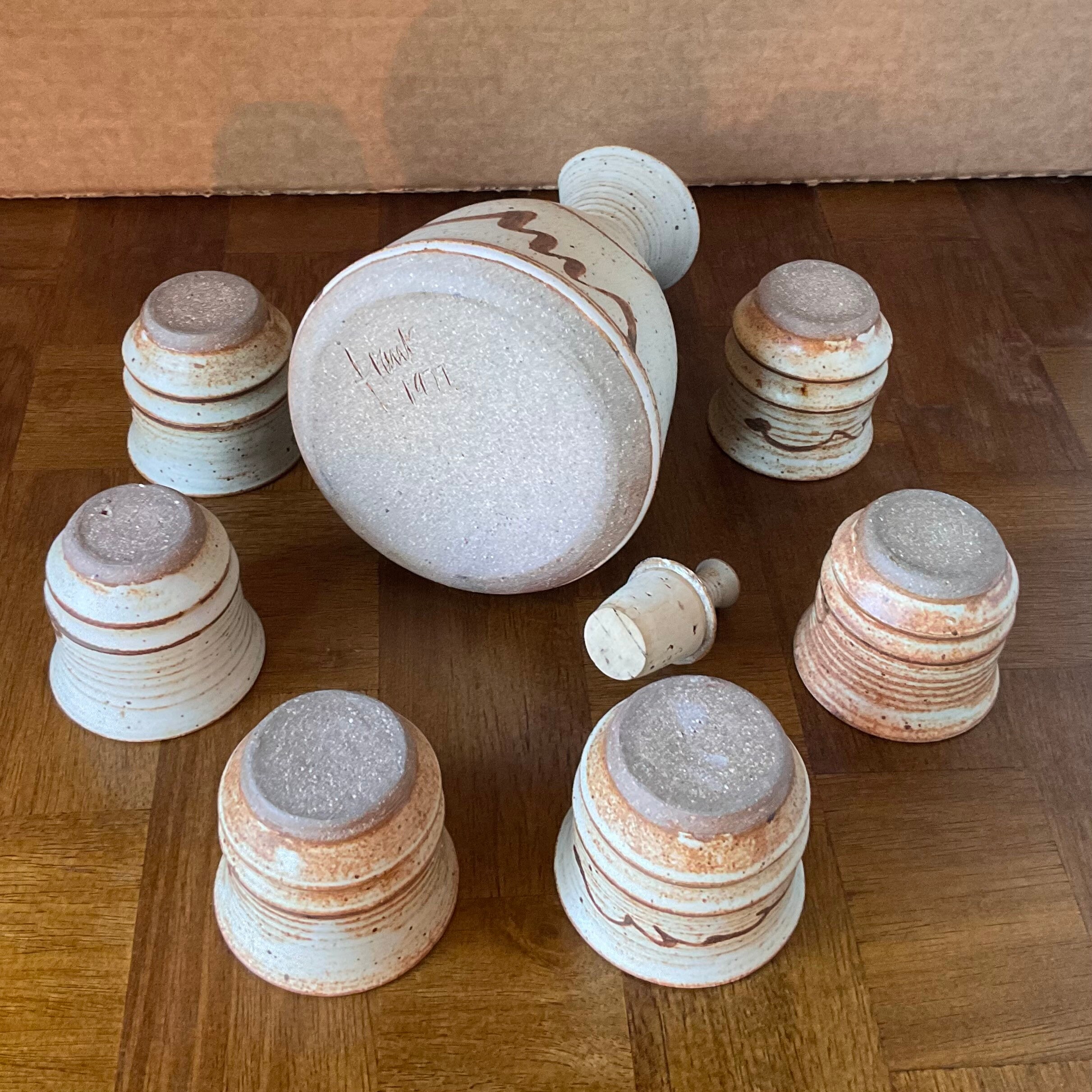 Studio Pottery Shino Decanter Set With 6 Cups and Stopper, Signed Hank ...