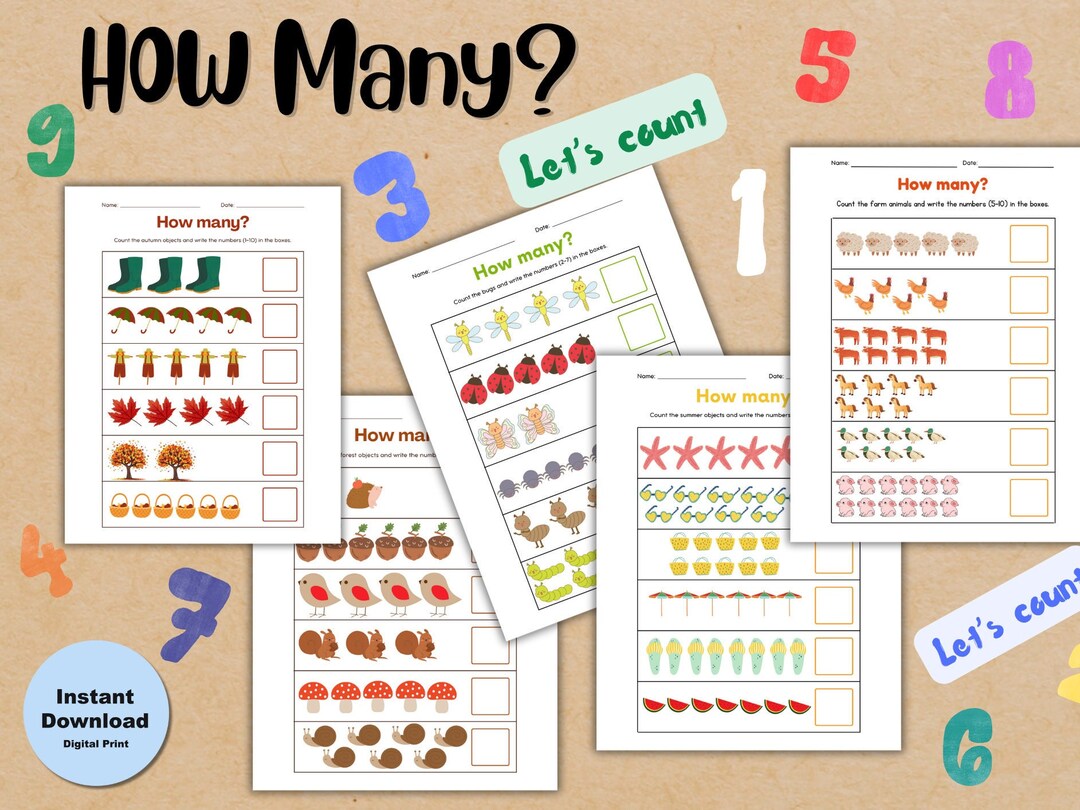How Many Worksheets, Counting Activity, Set of 5 Educational Posters ...